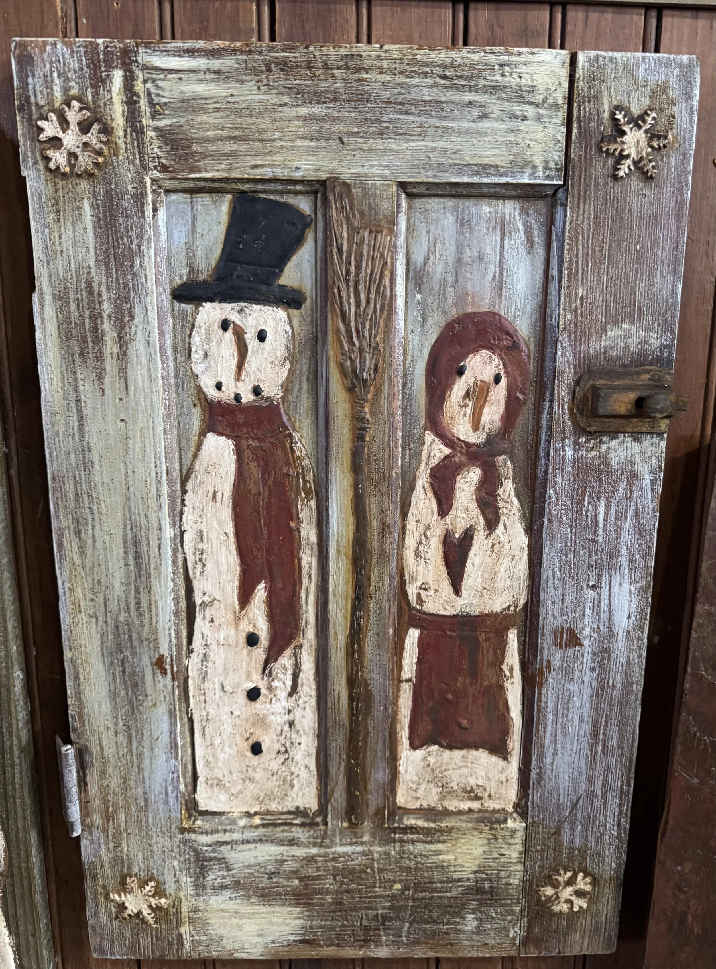 Original Wall Art Snowman Couple with Broom and Snowflakes made on Old ...