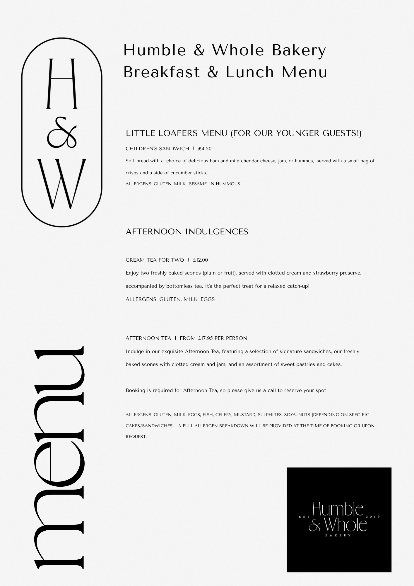 Menu — Humble & Whole Bakery Limited