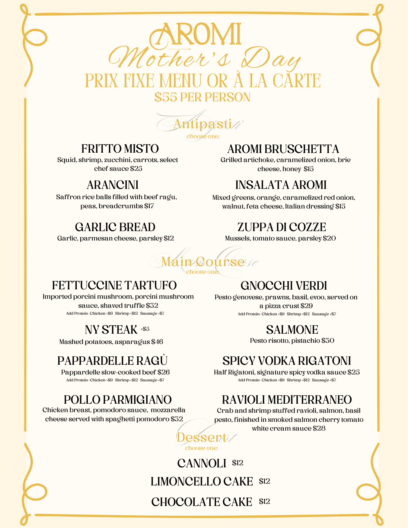 Dinner Menu — Aromi Italian Cuisine | La Mesa