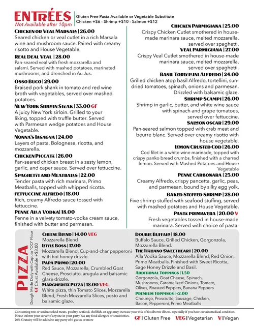 Menu — Primo on Water Street | Fall River