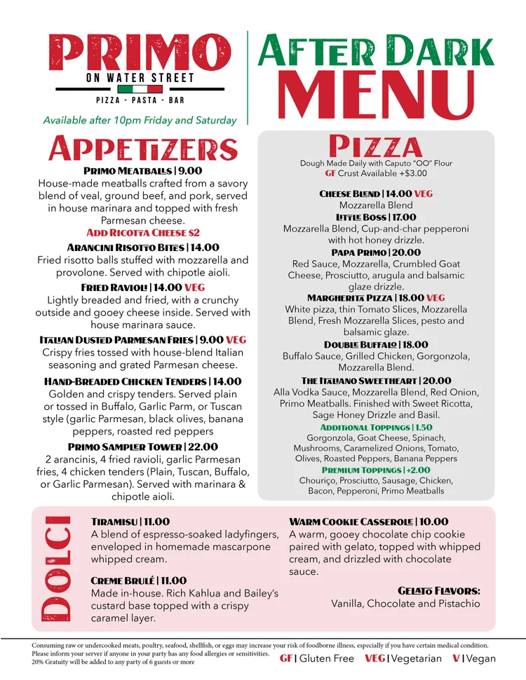 Menu — Primo on Water Street | Fall River