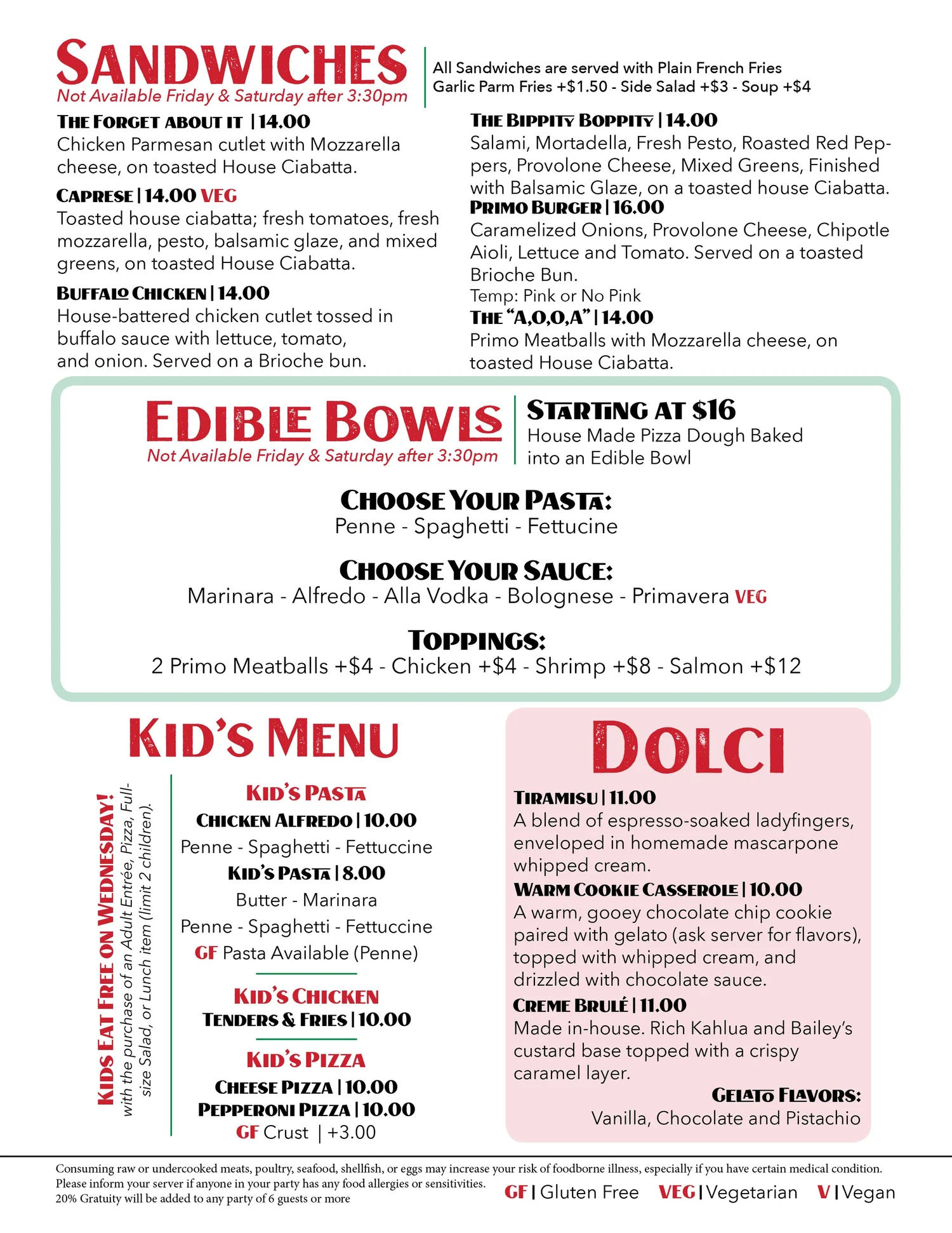 Menu — Primo on Water Street | Fall River