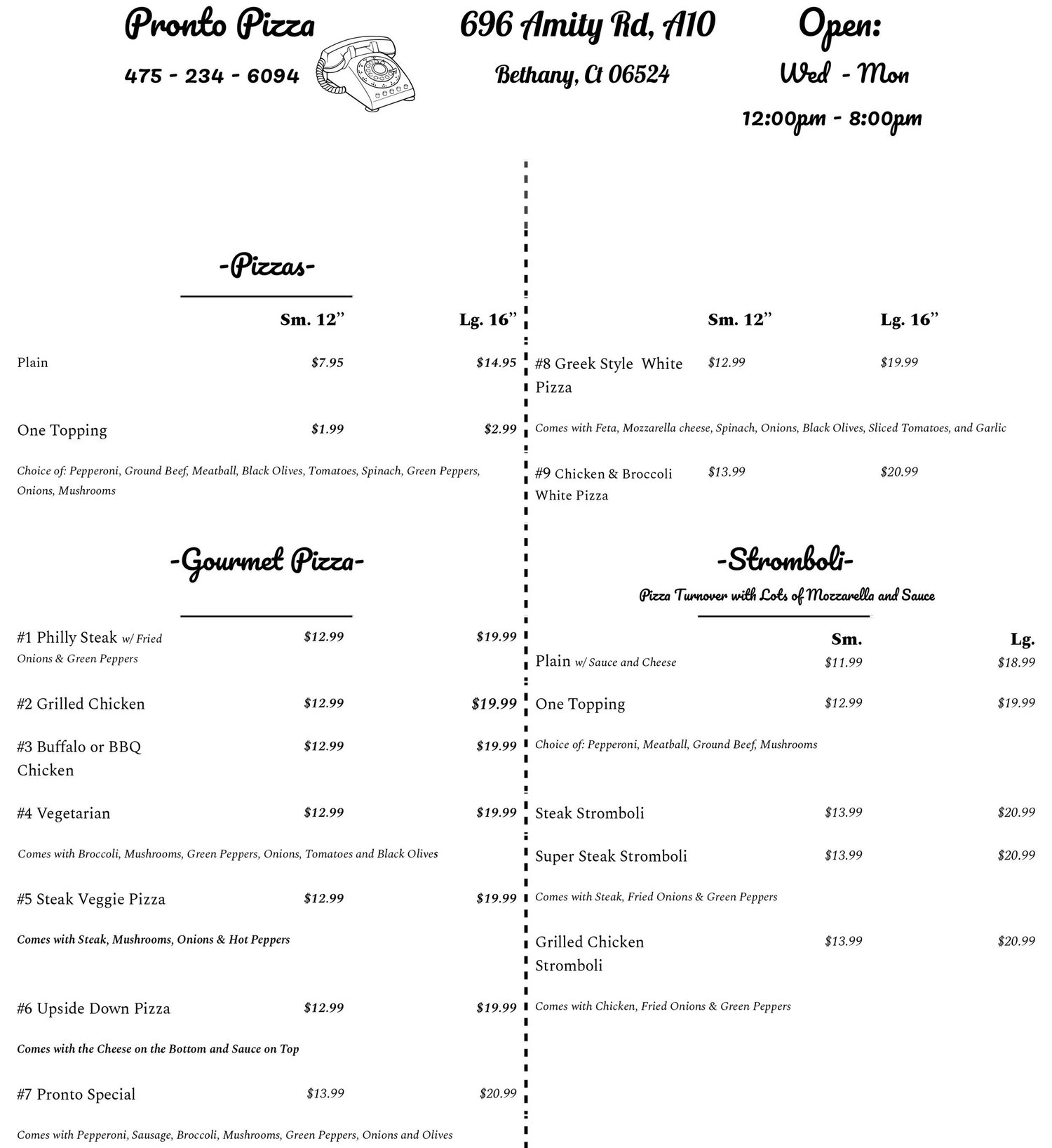 Menu — Pronto Pizza