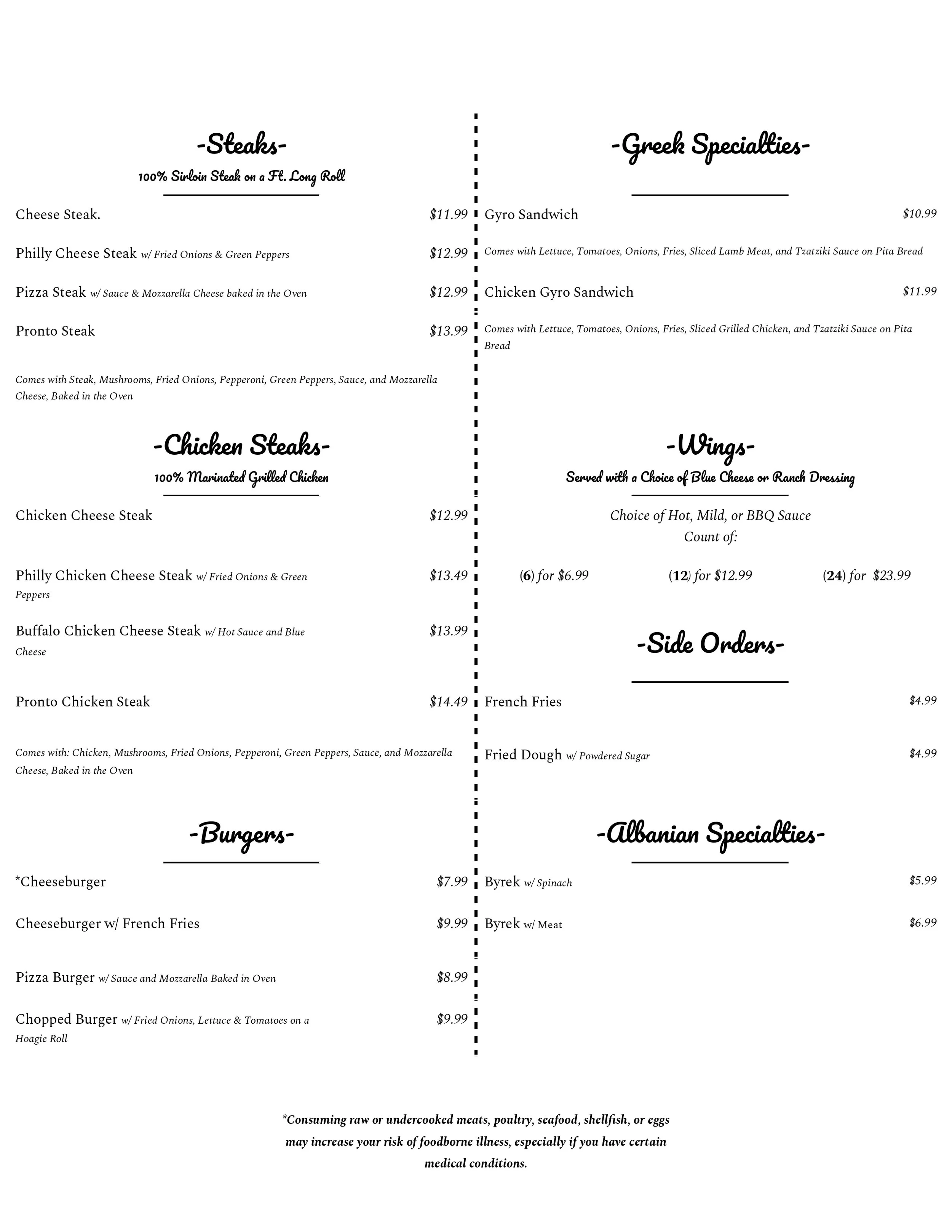 Menu — Pronto Pizza