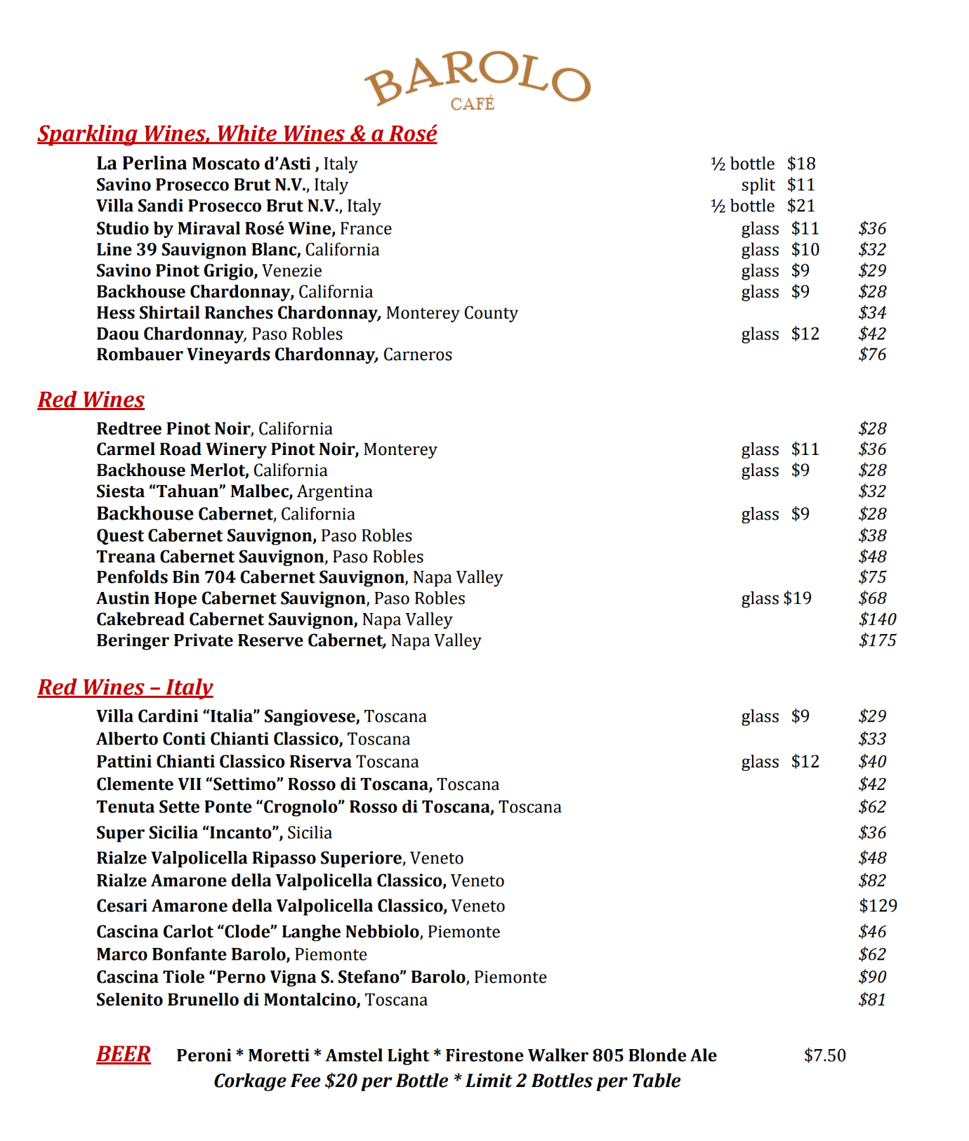 Wine List — Barolo Cafe