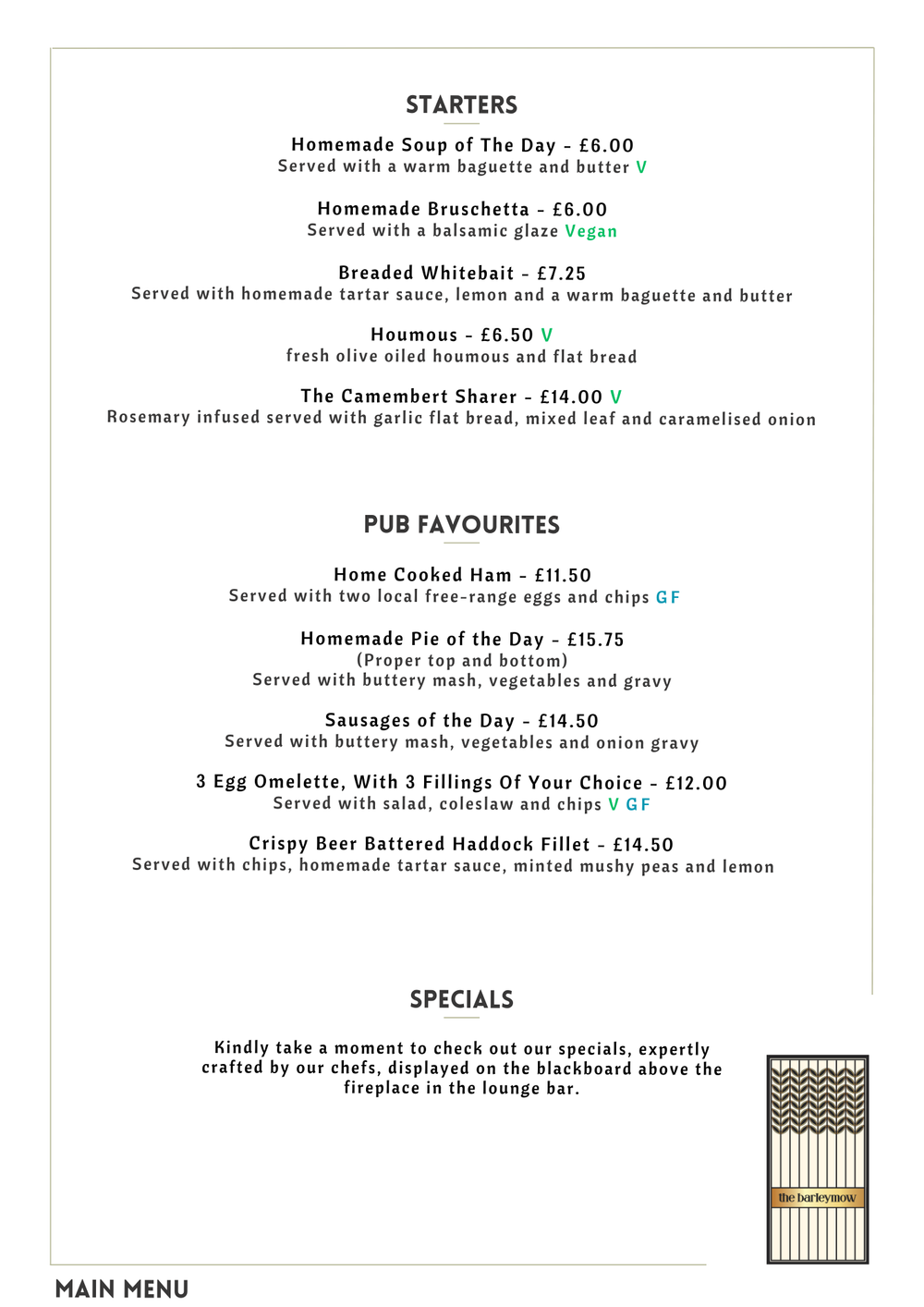 Menu 1 — The Barley Mow