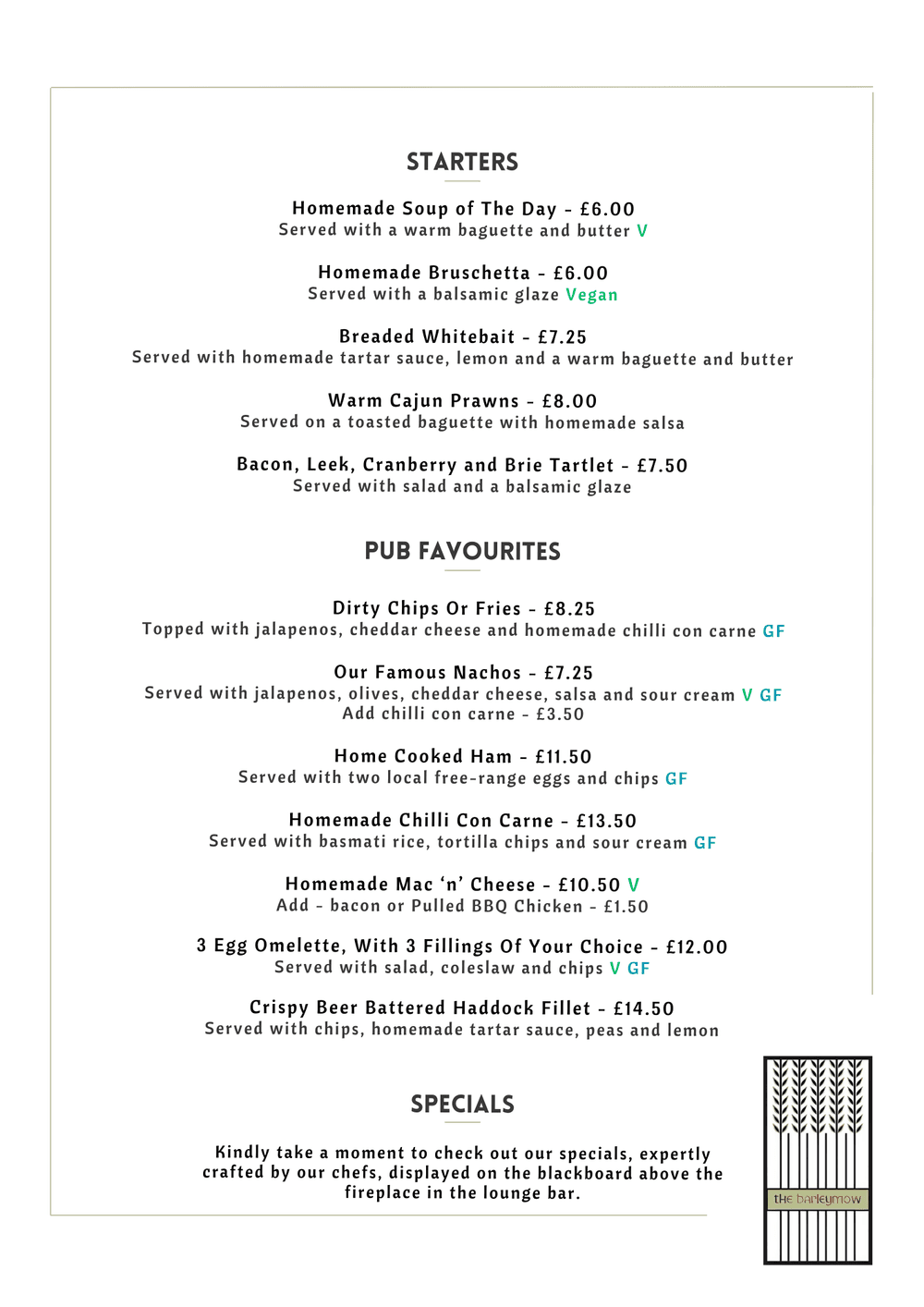Menu 1 — The Barley Mow