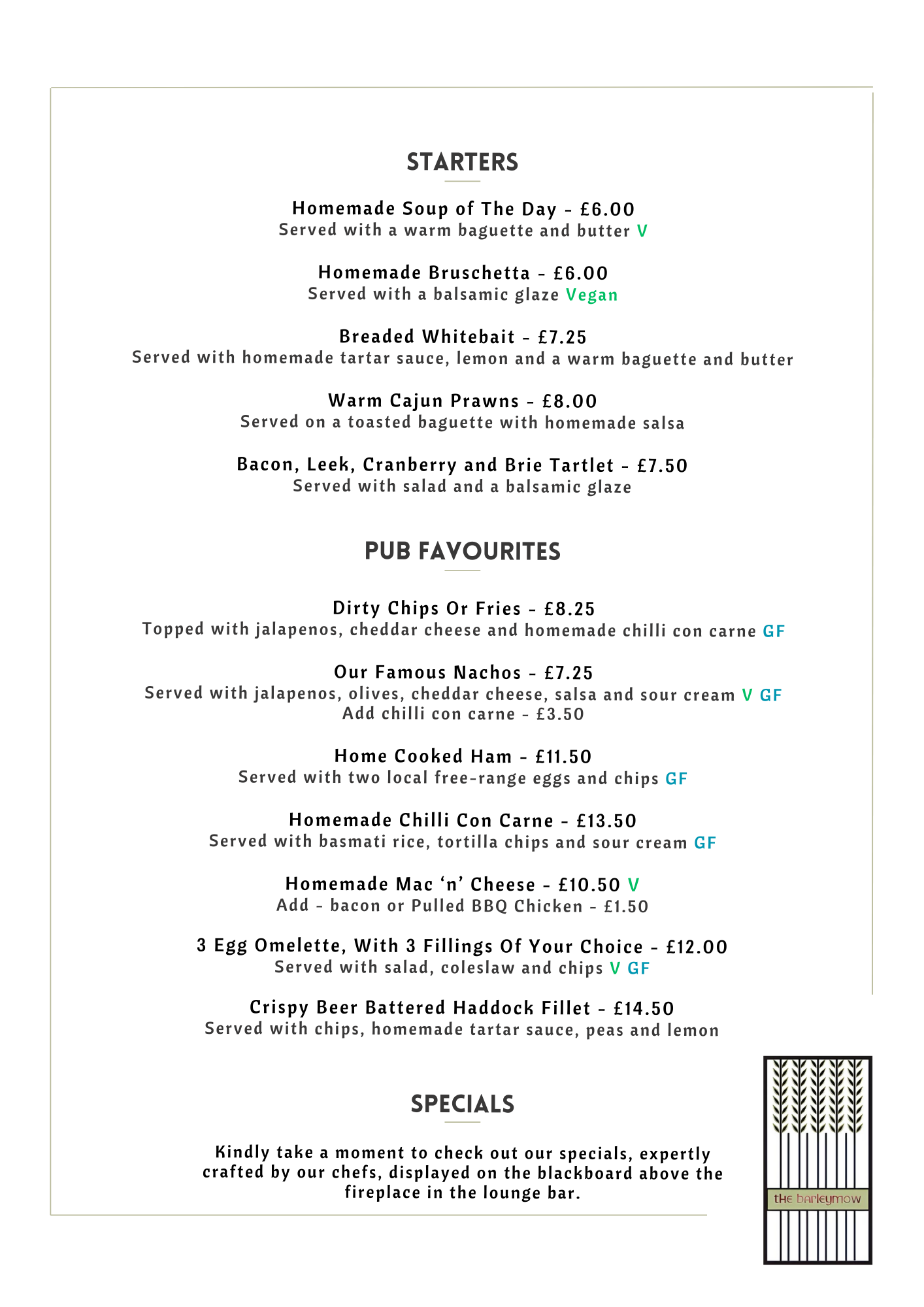 Menu 1 — The Barley Mow