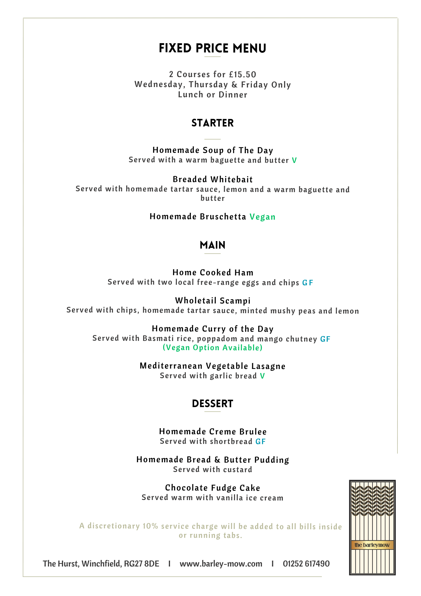 Fixed Price Menu — The Barley Mow