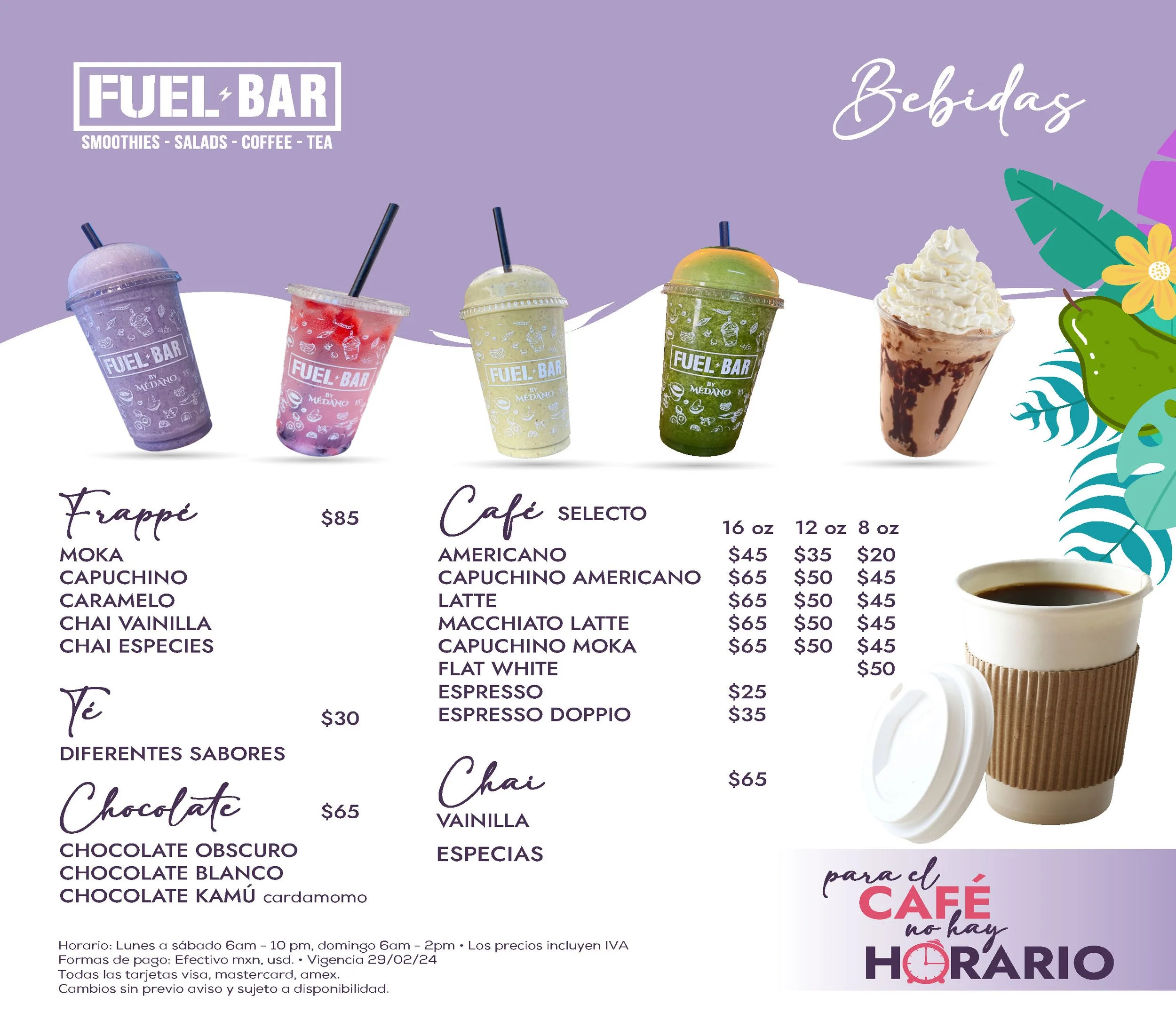 Fuel Bar menu — Medano Hotel and Spa