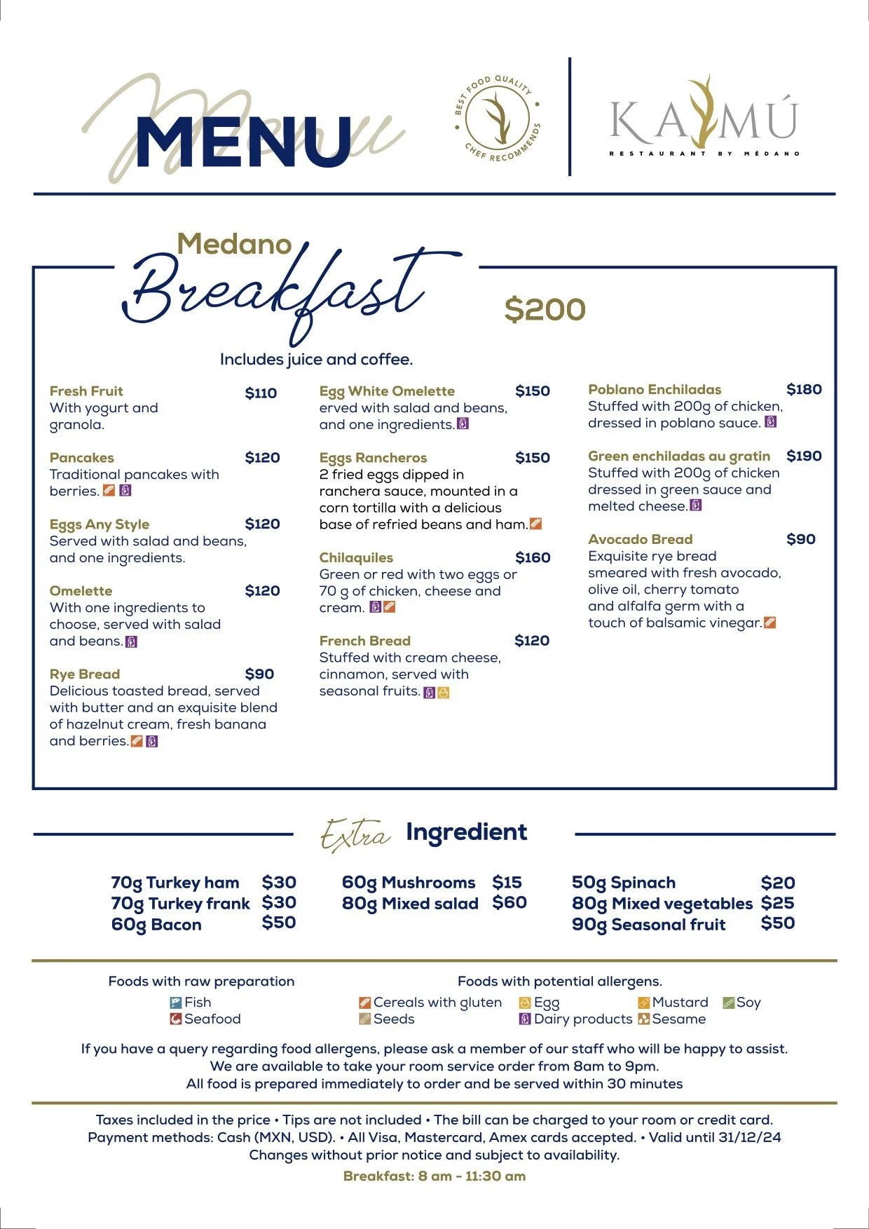 Kamu Restaurant menu — Medano Hotel and Spa