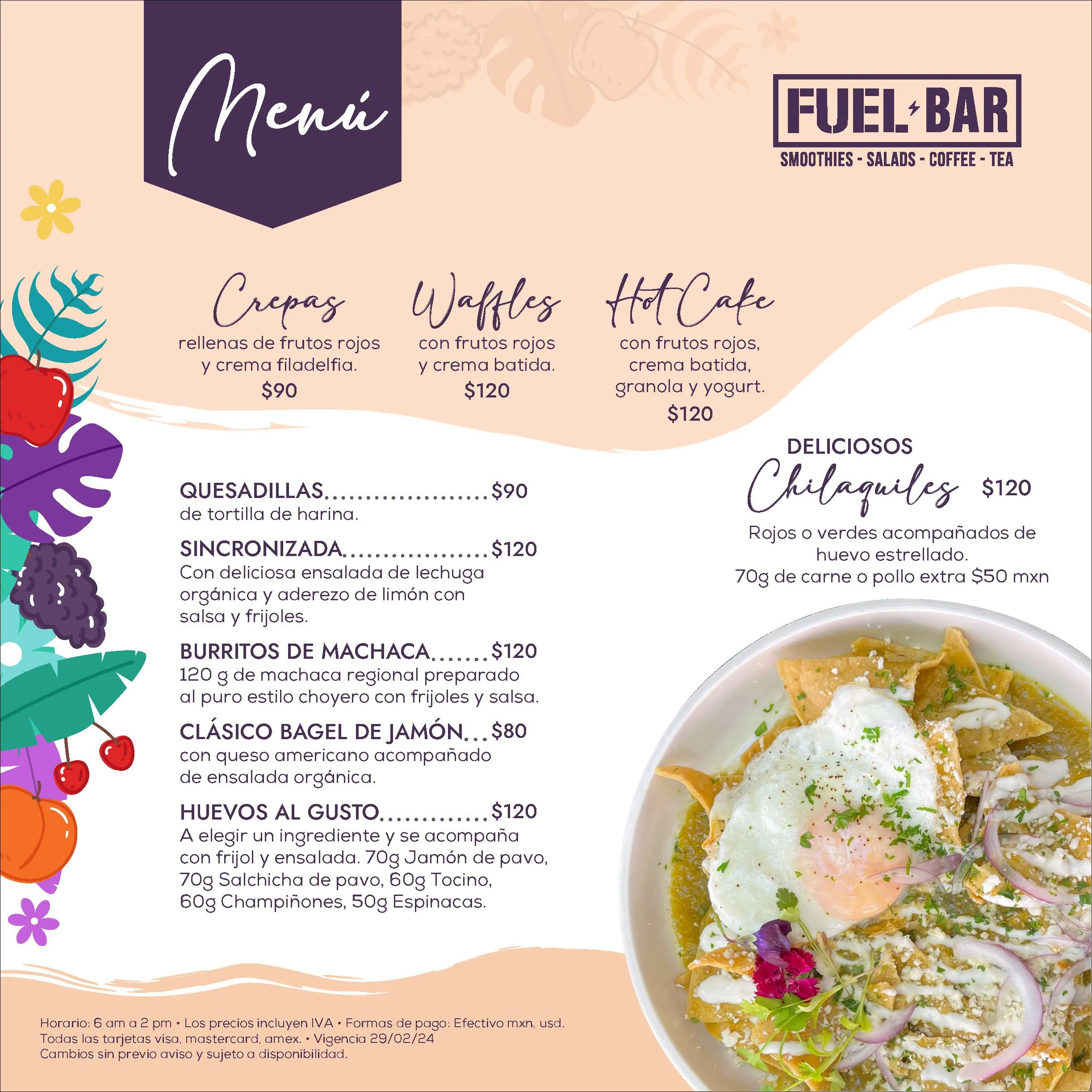 Fuel Bar menu — Medano Hotel and Spa