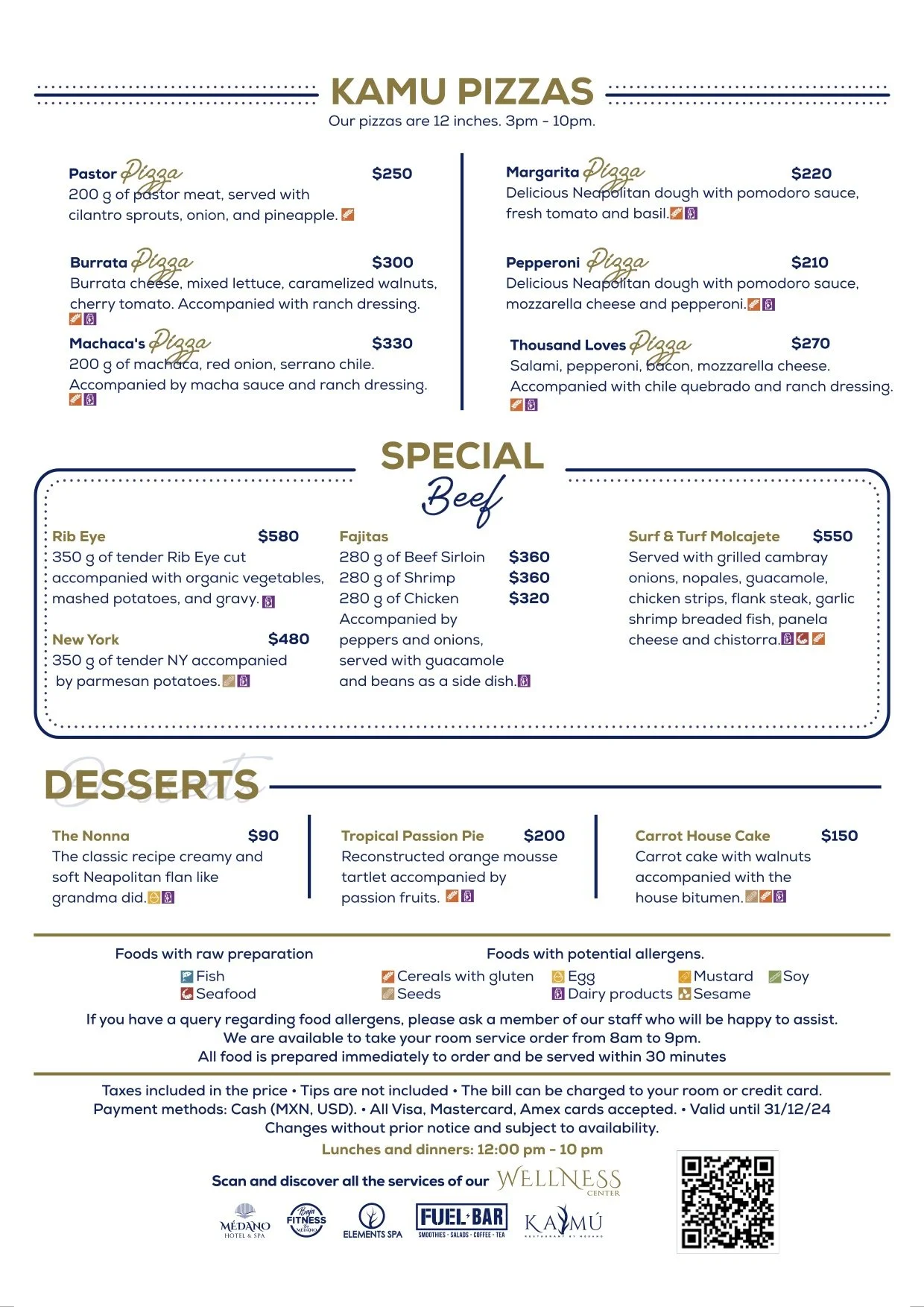 Kamu Restaurant menu — Medano Hotel and Spa