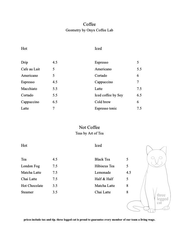 menu — three legged cat