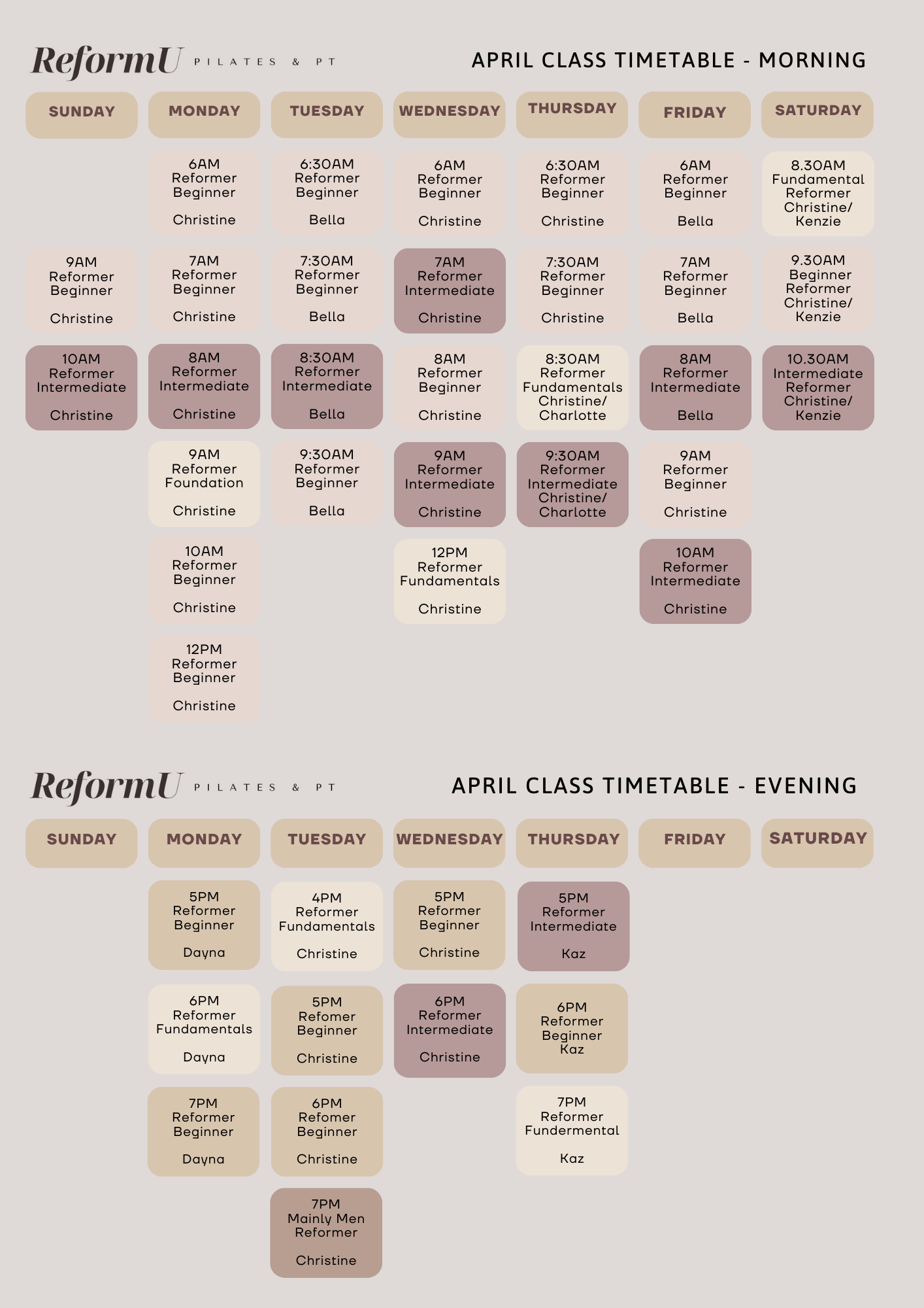 Timetable — ReformU Pilates & PT
