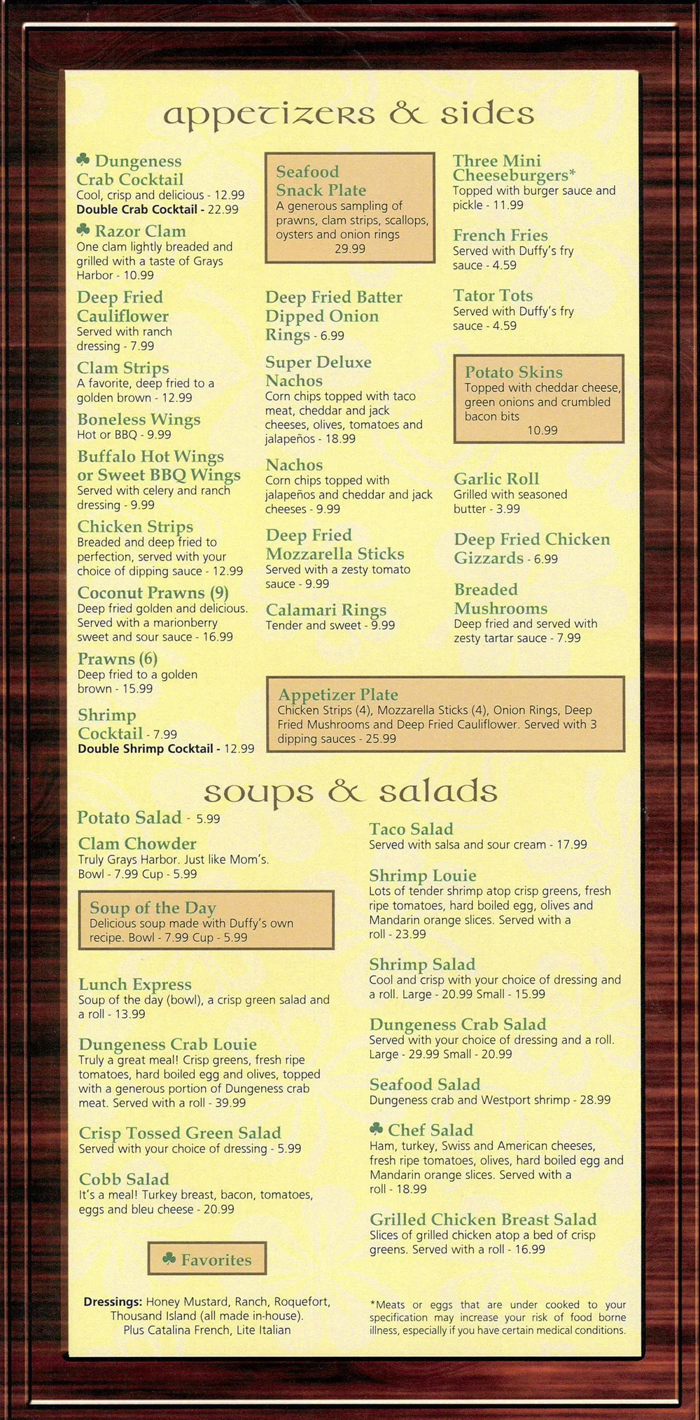 Menu — Duffy's Family Restaurant, Aberdeen WA