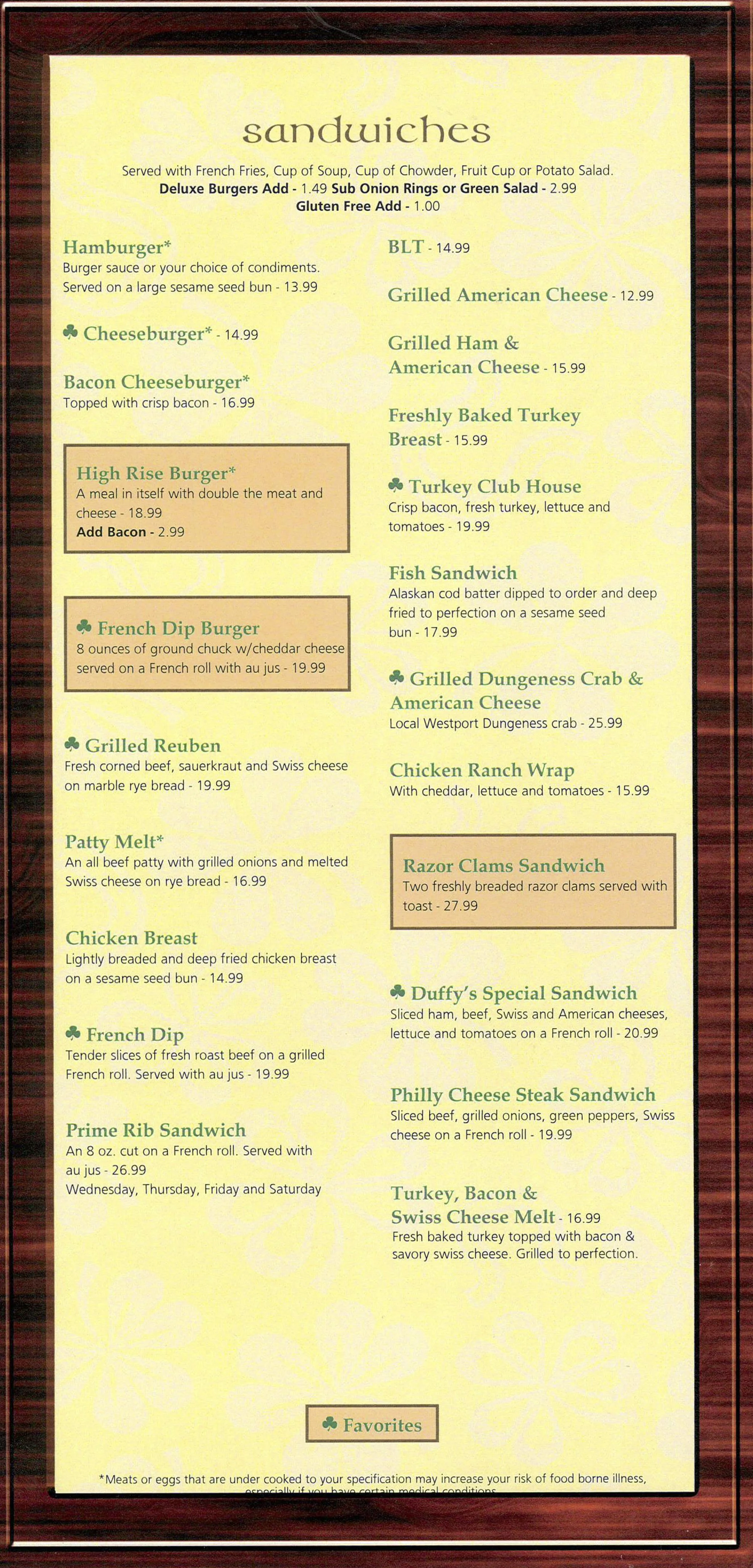 Menu — Duffy's Family Restaurant, Aberdeen WA
