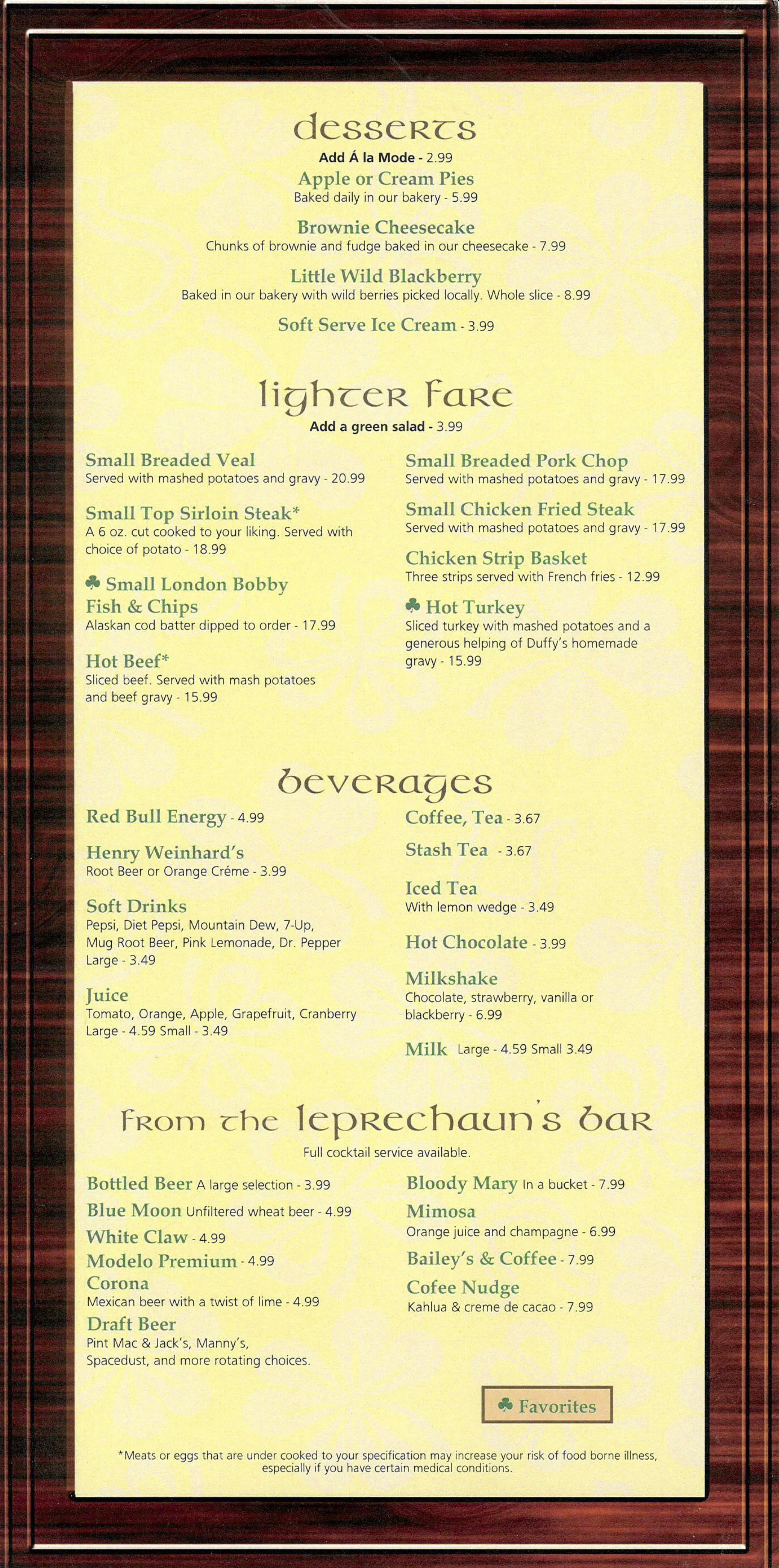Menu — Duffy's Family Restaurant, Aberdeen WA