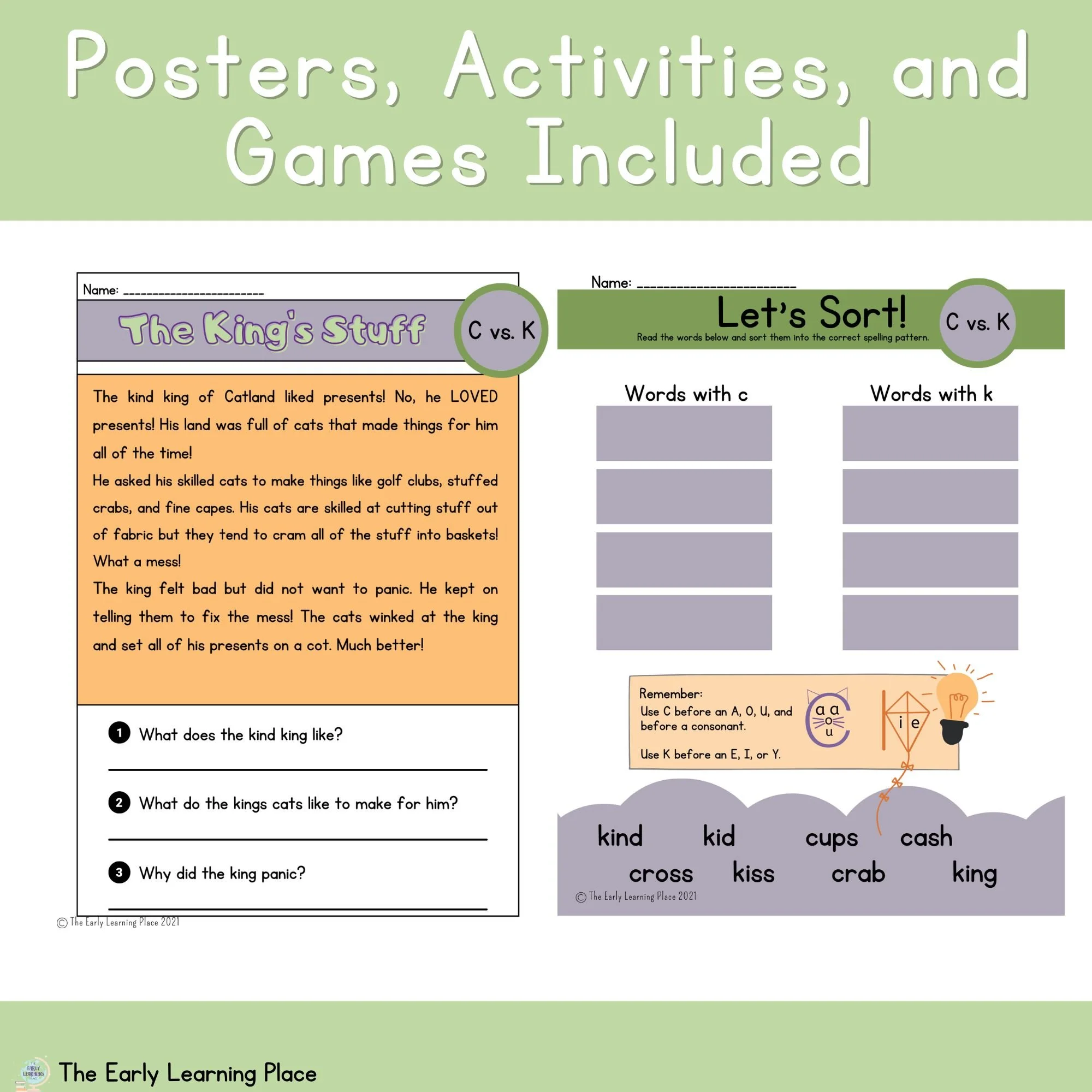 C vs. K Posters and Activities | Cat/Kite Rule — The Early Learning Place