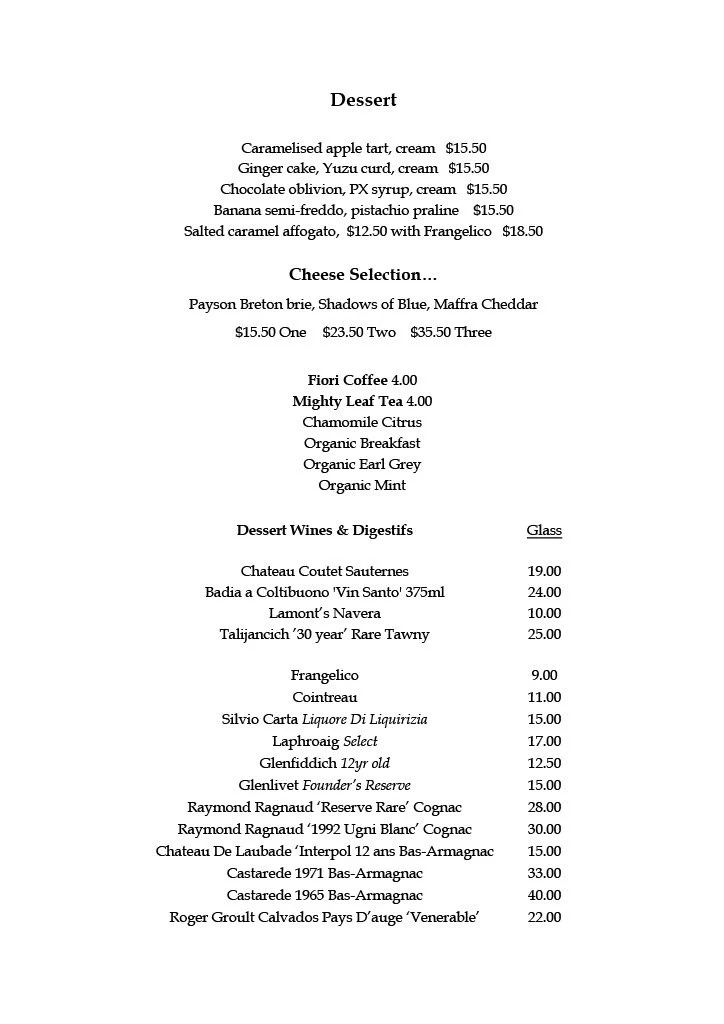 A La Carte Menu - Lamonts Restaurant and Wine Bar — Lamont's Cottesloe