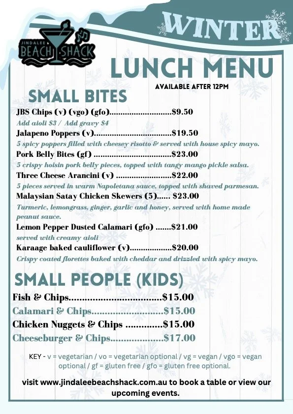 Jindalee Beach Shack Menu — Jindalee Beach Shack Cafe/Restaurant