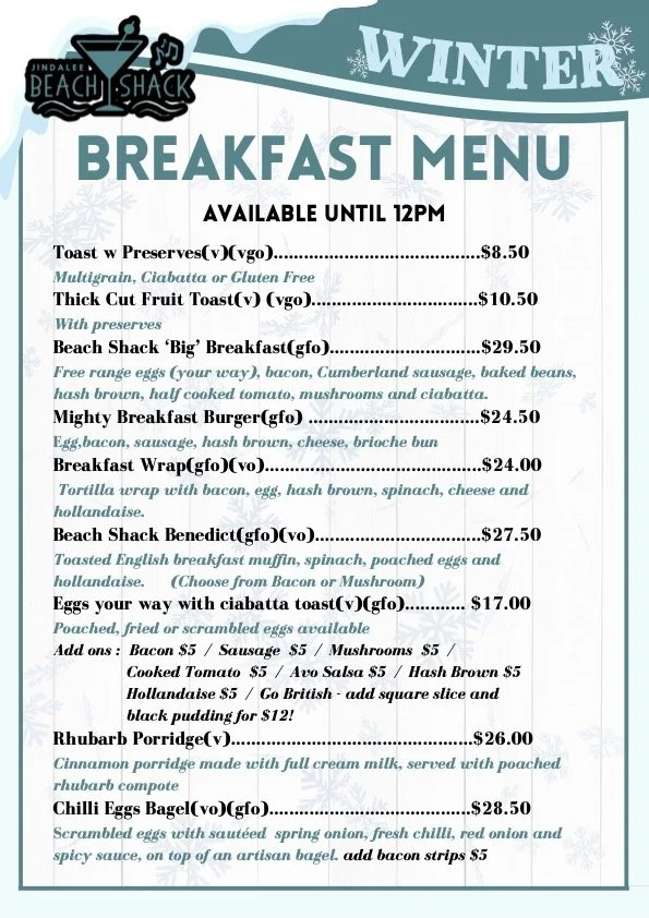 Jindalee Beach Shack Menu — Jindalee Beach Shack Cafe/Restaurant