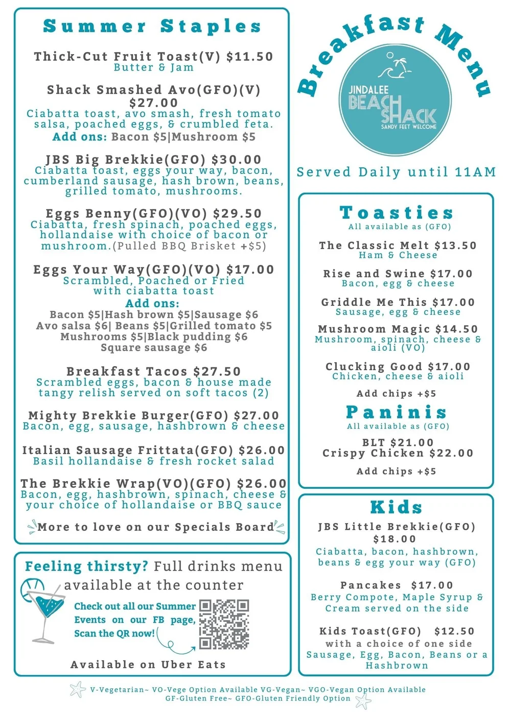 Jindalee Beach Shack Menu — Jindalee Beach Shack Cafe/Restaurant