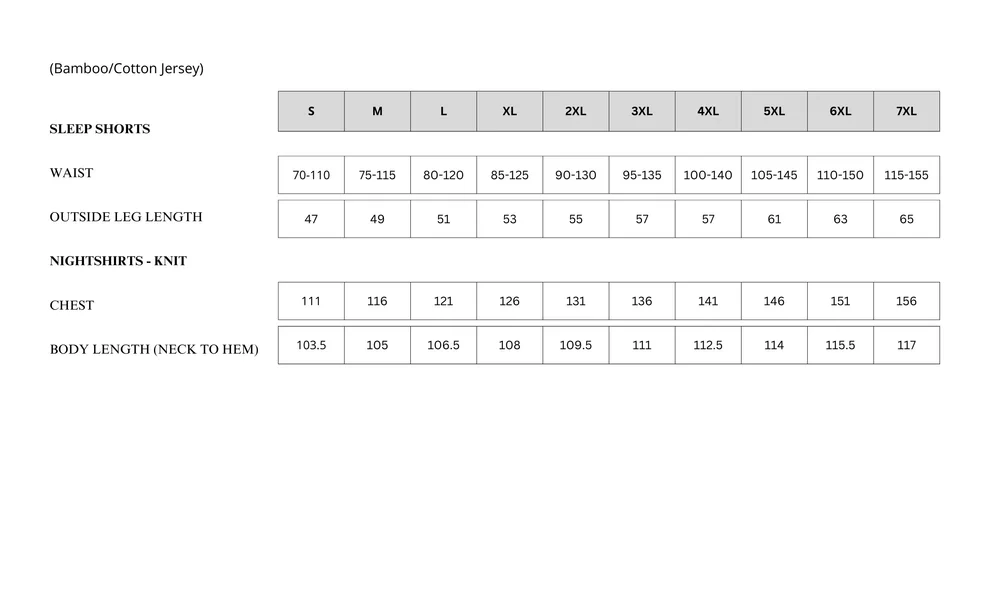 Sizing Guide | Shop Comfortable Sleepwear Today — Contare