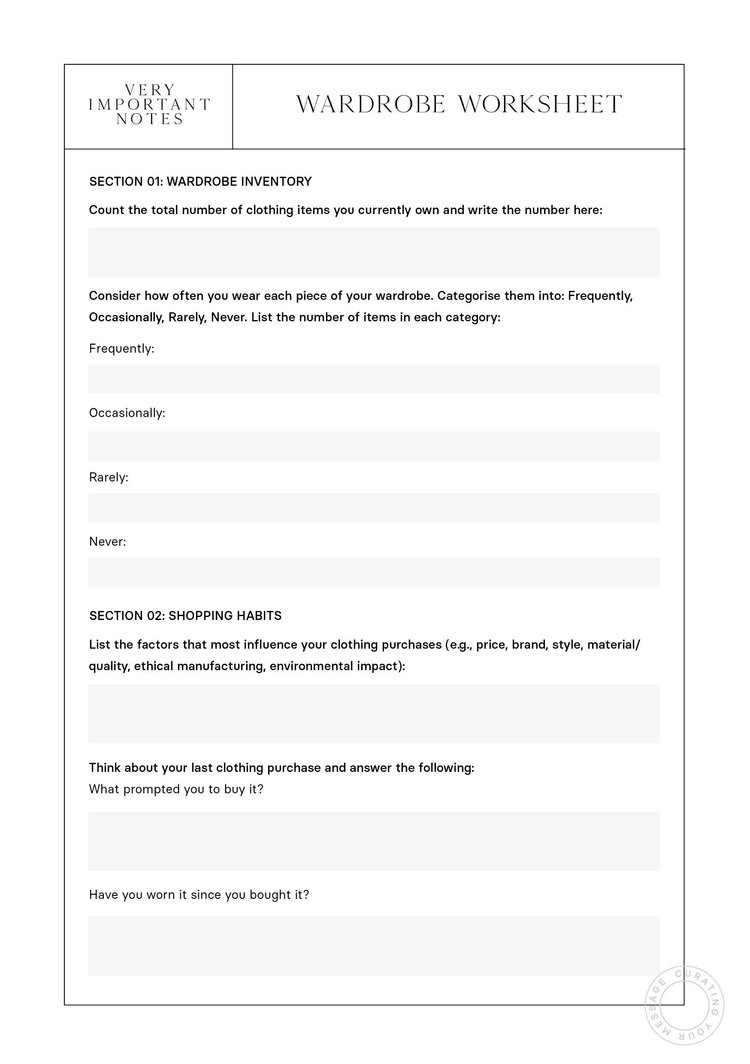 Wardrobe Worksheet — Very Important Notes