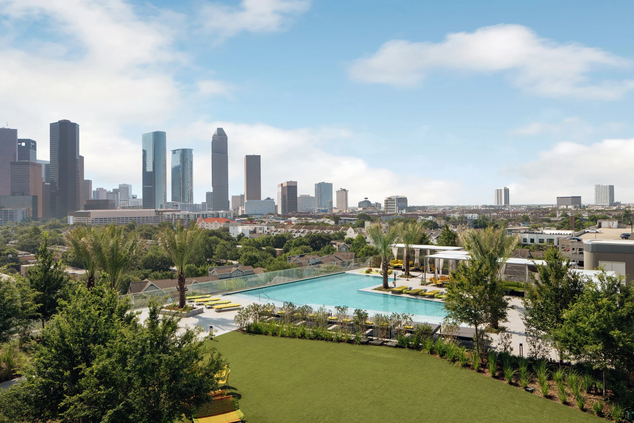 Modern American Restaurant on open air deck with views of Downtown Houston