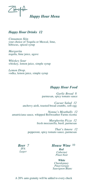 Menu 1 — Zaya - Downtown Los Angeles