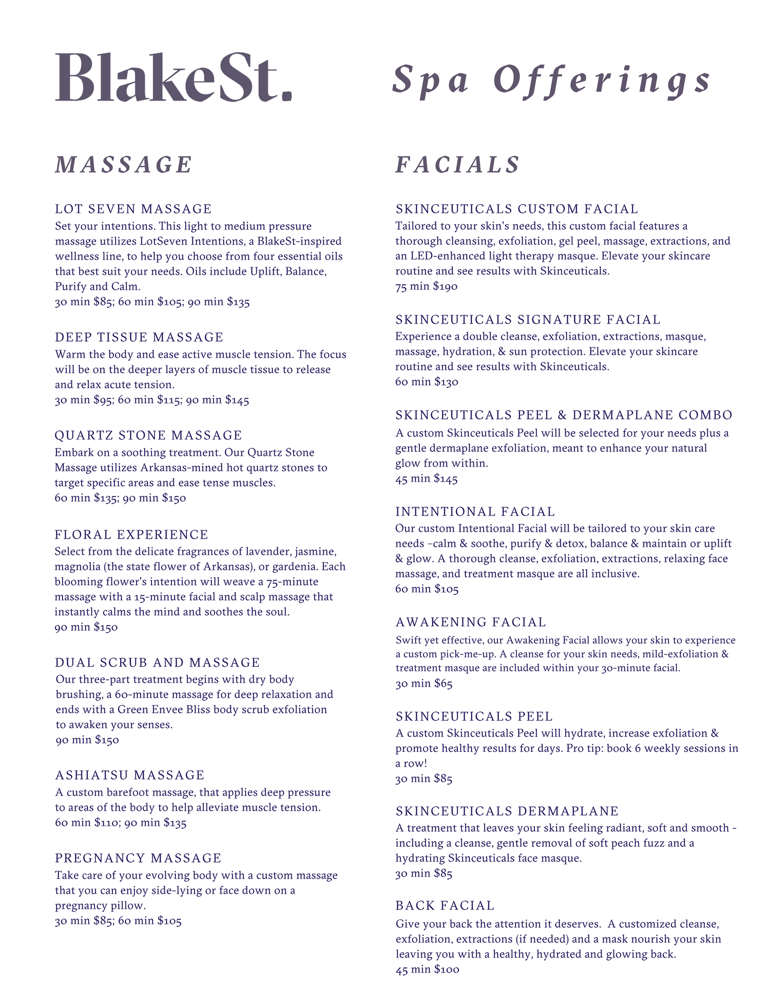 Spa Offerings — BlakeSt.