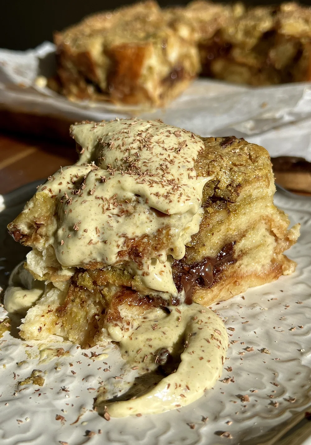 Pistachio Cream Chocolate Croissant Bread Pudding — Well Made by Kiley