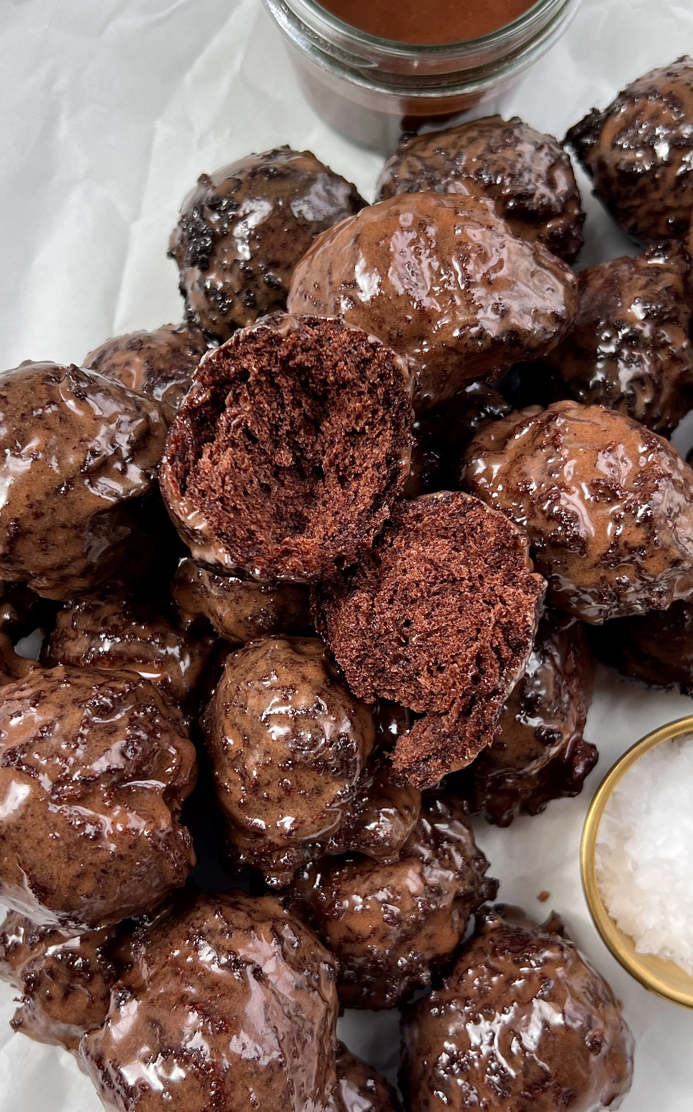 Old-Fashioned Chocolate Donuts Holes with Salted Chocolate Hazelnut Glaze — Well Made by Kiley