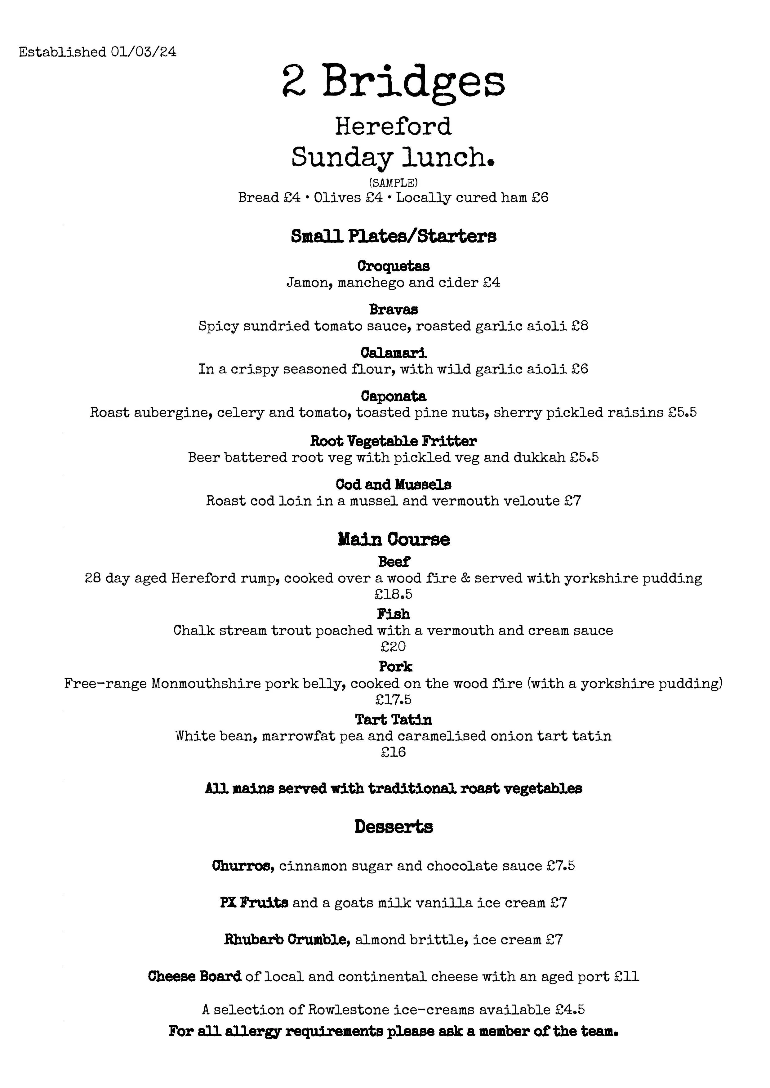 SUNDAY MENU — 2 Bridges Hereford - Tapas, Small Plates and Sunday Roast ...