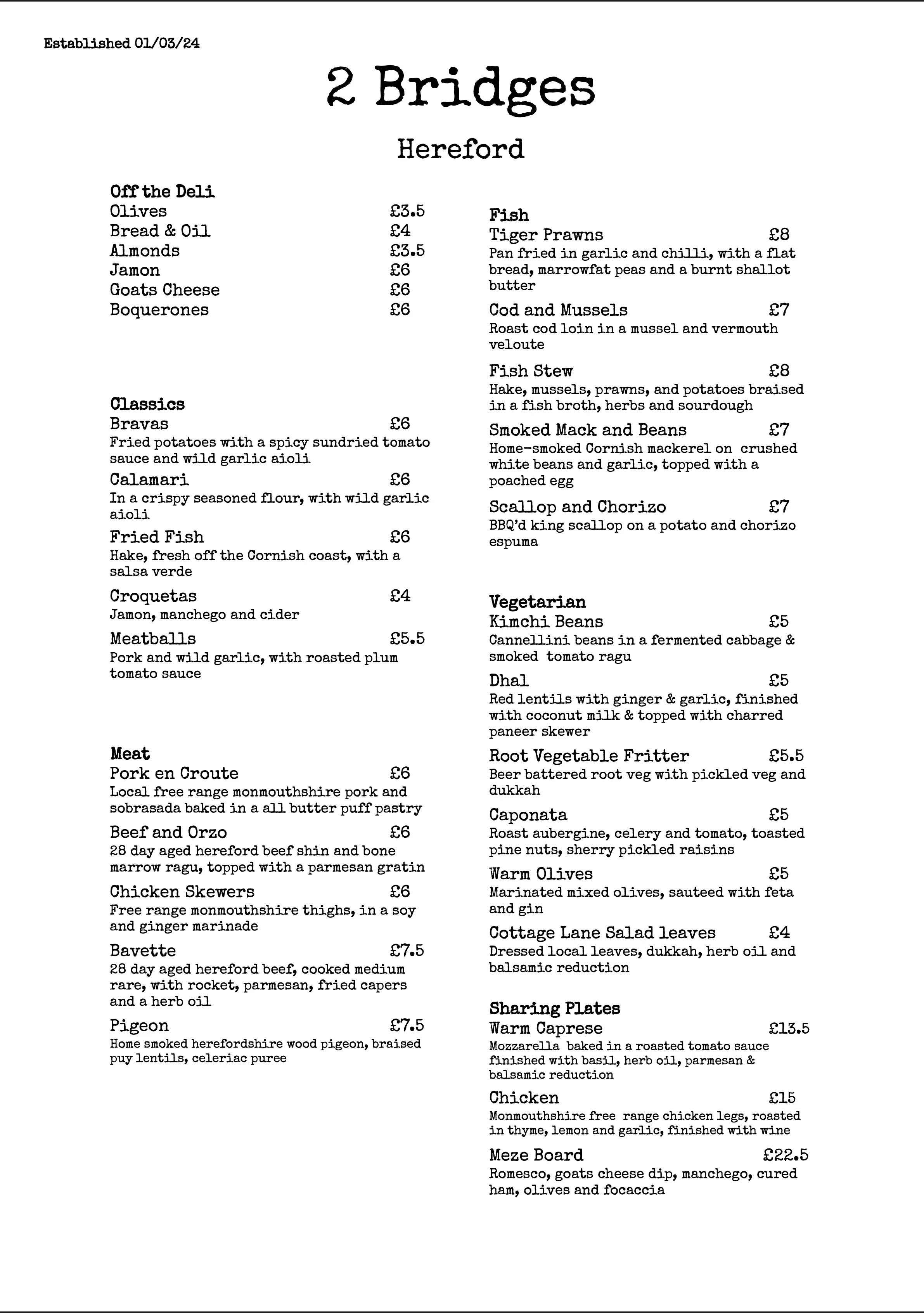 MENUS — 2 Bridges Hereford - Tapas, Small Plates and Sunday Roast in ...