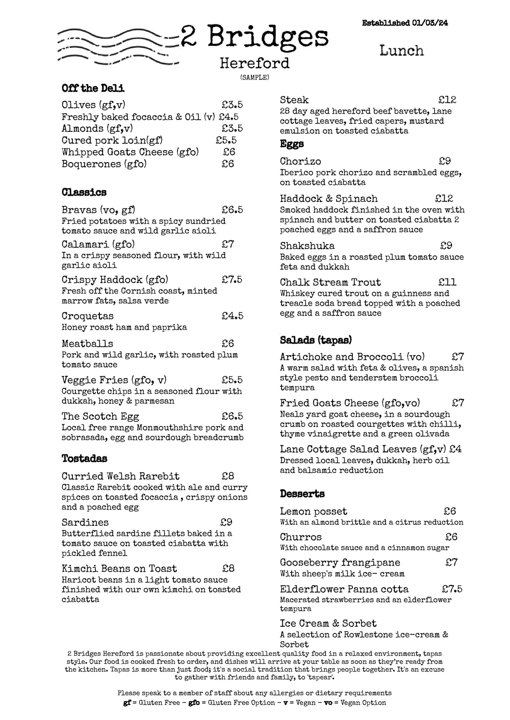 LUNCH — 2 Bridges Hereford - Tapas, Small Plates and Sunday Roast in ...