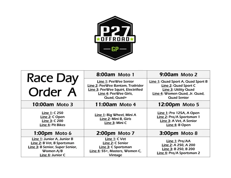 P27Offroad Motocross Race Schedule and Times