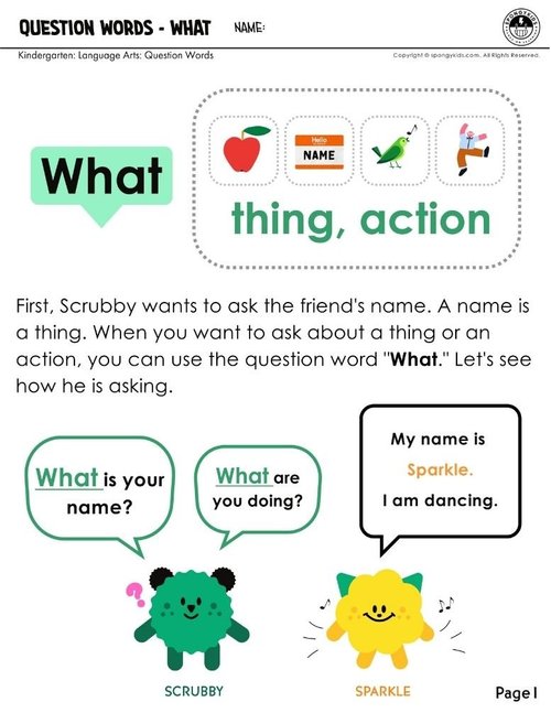 Learn the Question Word What – Fun ELA Activity — SPONGYKIDS