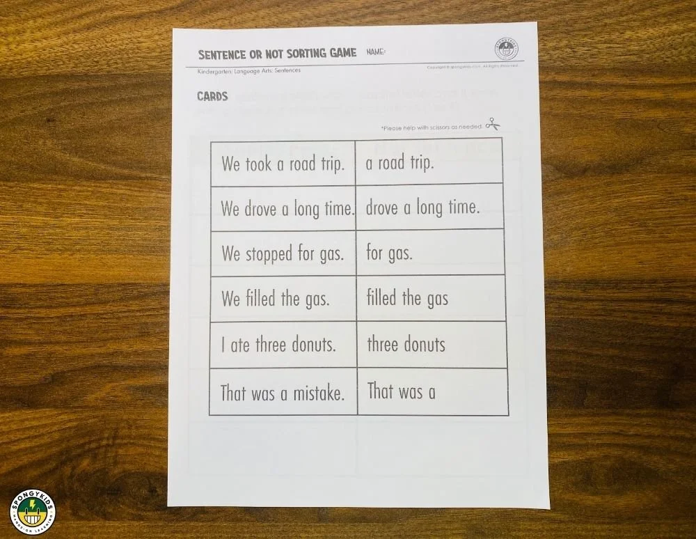 Sentence or Not Sorting Game: Learning Activity — SPONGYKIDS