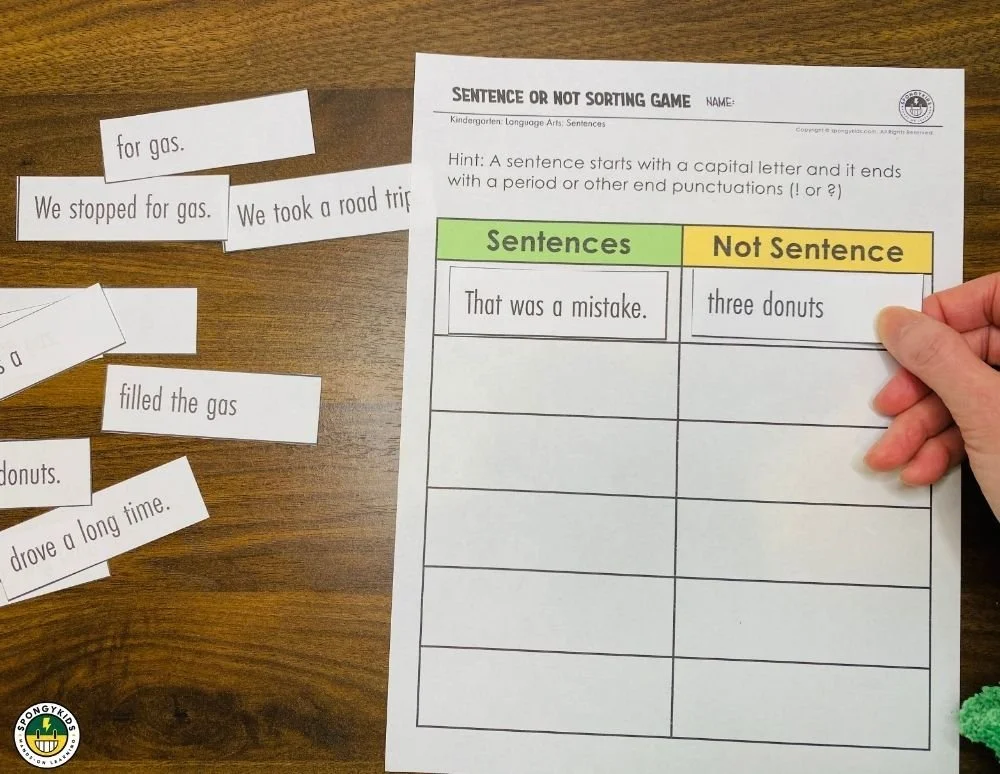 Sentence or Not Sorting Game: Learning Activity — SPONGYKIDS