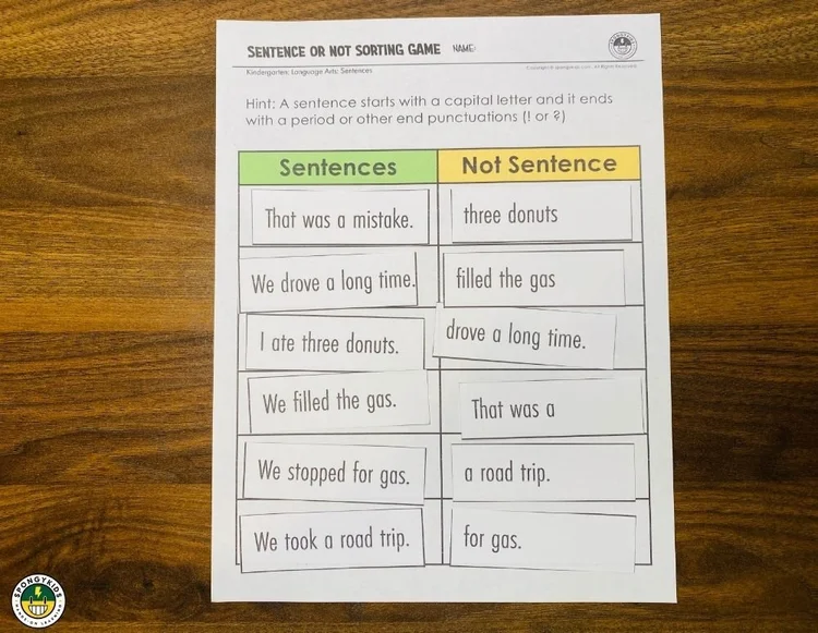 Sentence or Not Sorting Game: Learning Activity — SPONGYKIDS