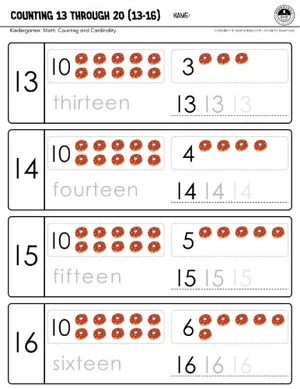 Counting 13 through 20 -Math Worksheet for Kids — SPONGYKIDS