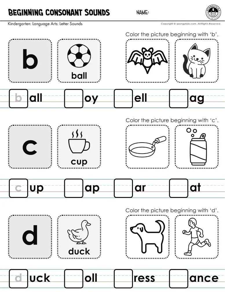Beginning Consonant Sounds Worksheets for Kids — SPONGYKIDS