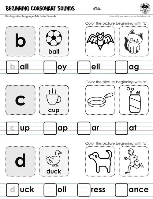 Beginning Consonant Sounds Worksheets for Kids — SPONGYKIDS