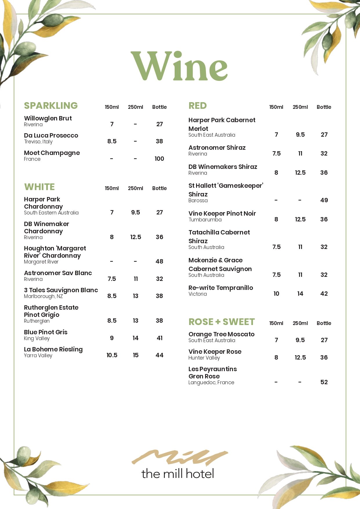 Wine Menu — The Mill Hotel