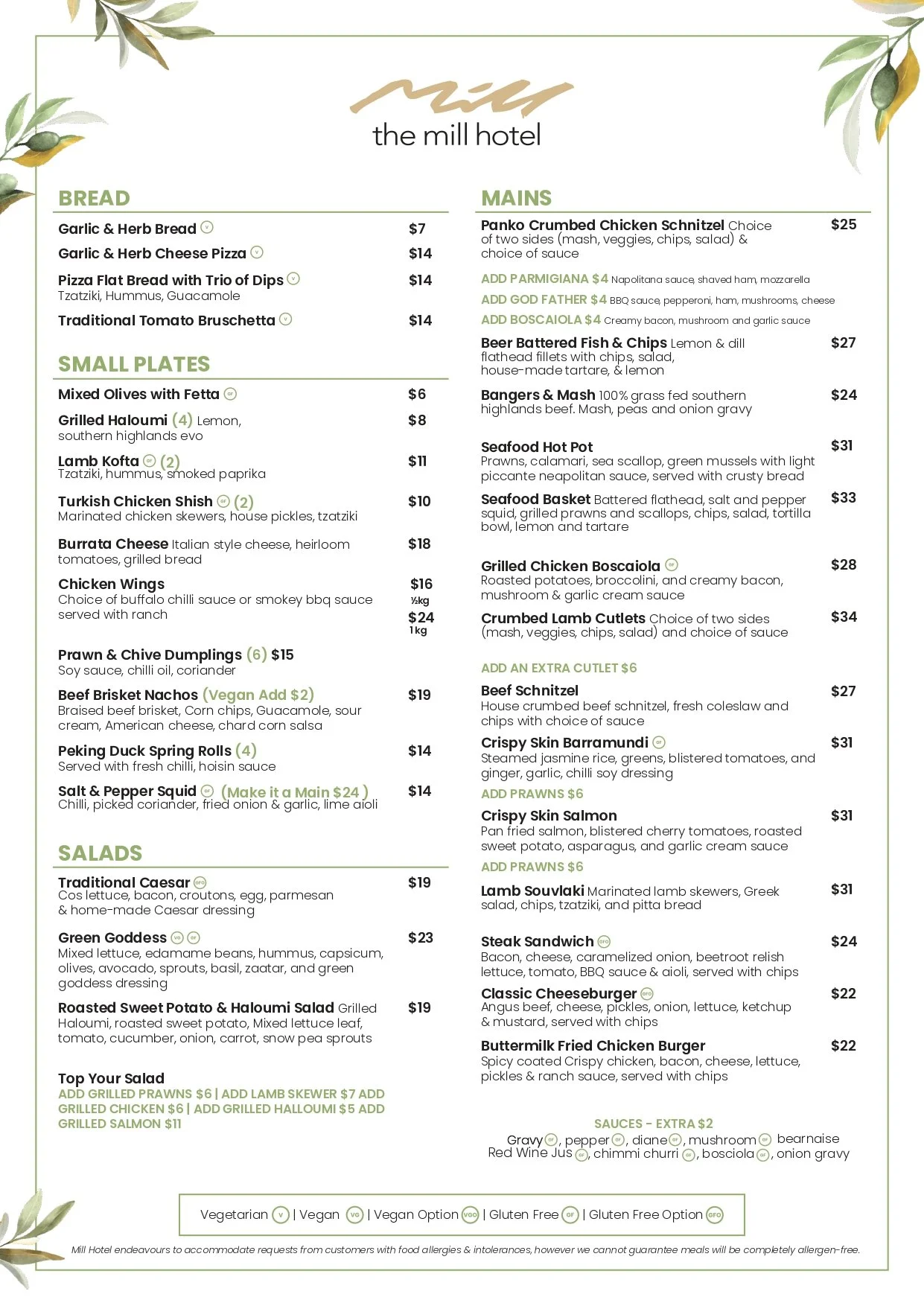 Bistro Menu — The Mill Hotel