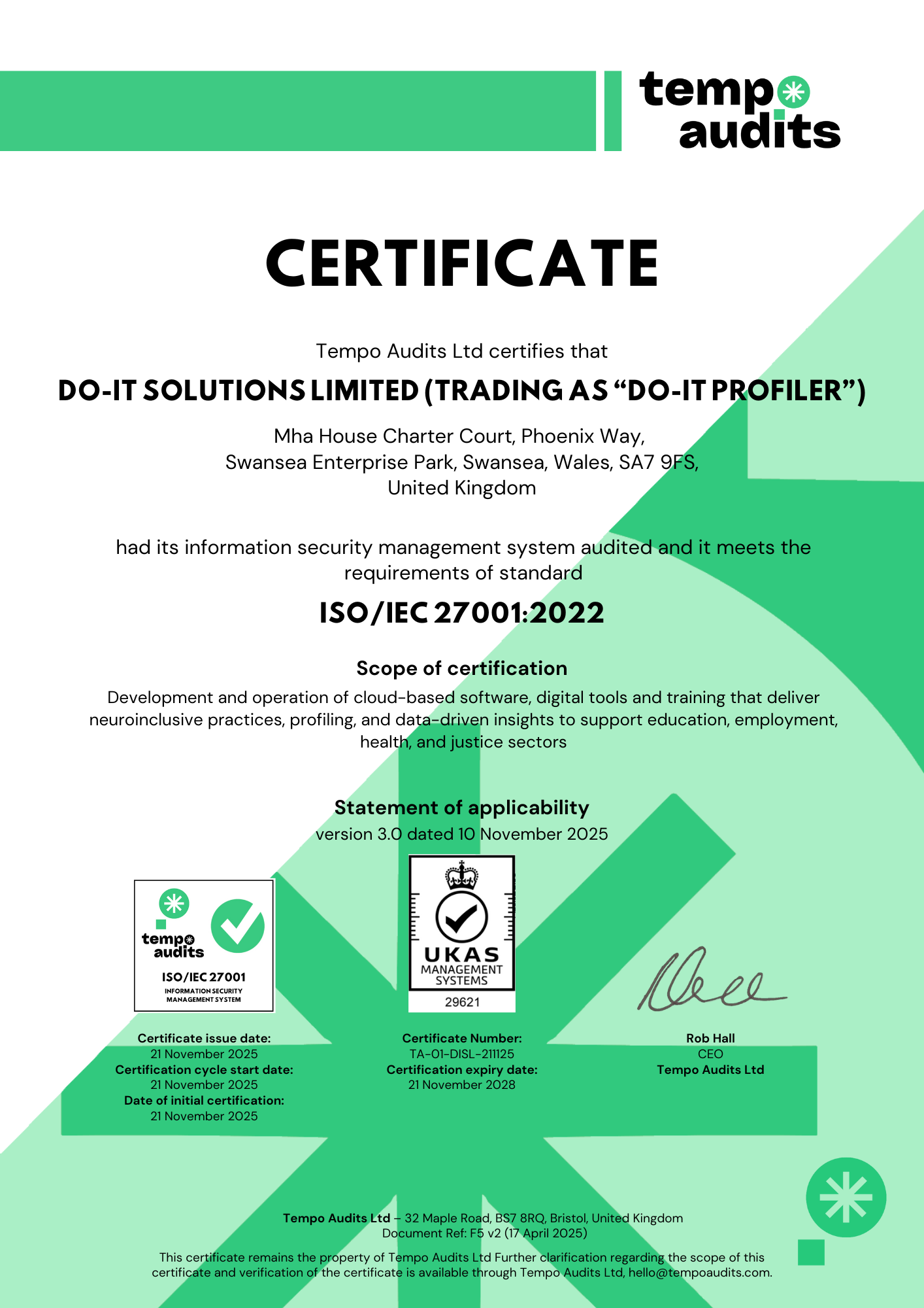 Do-IT Profiler ISO 27001 Certificate — Tempo Audits