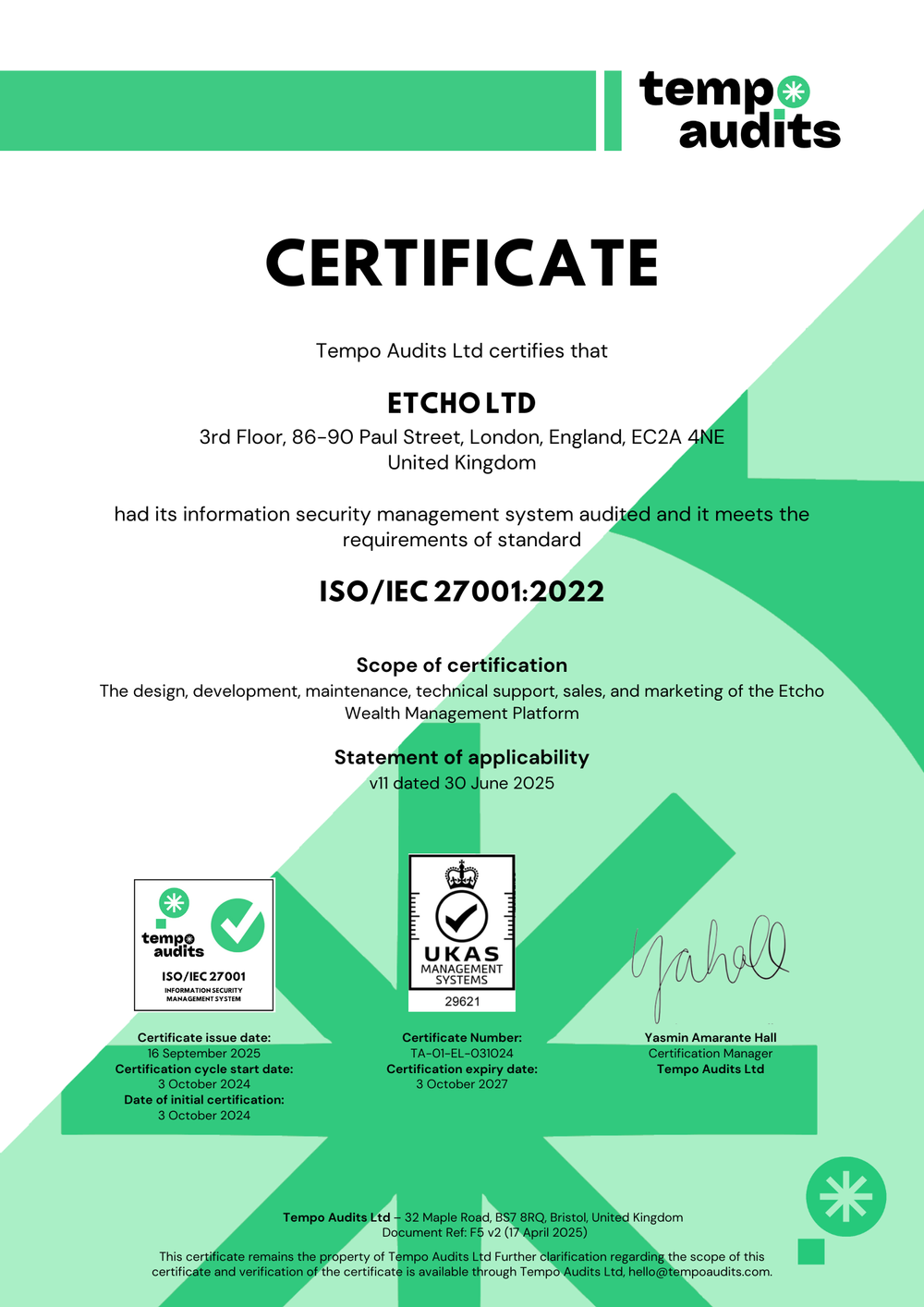 Etcho ISO 27001 Certificate — Tempo Audits