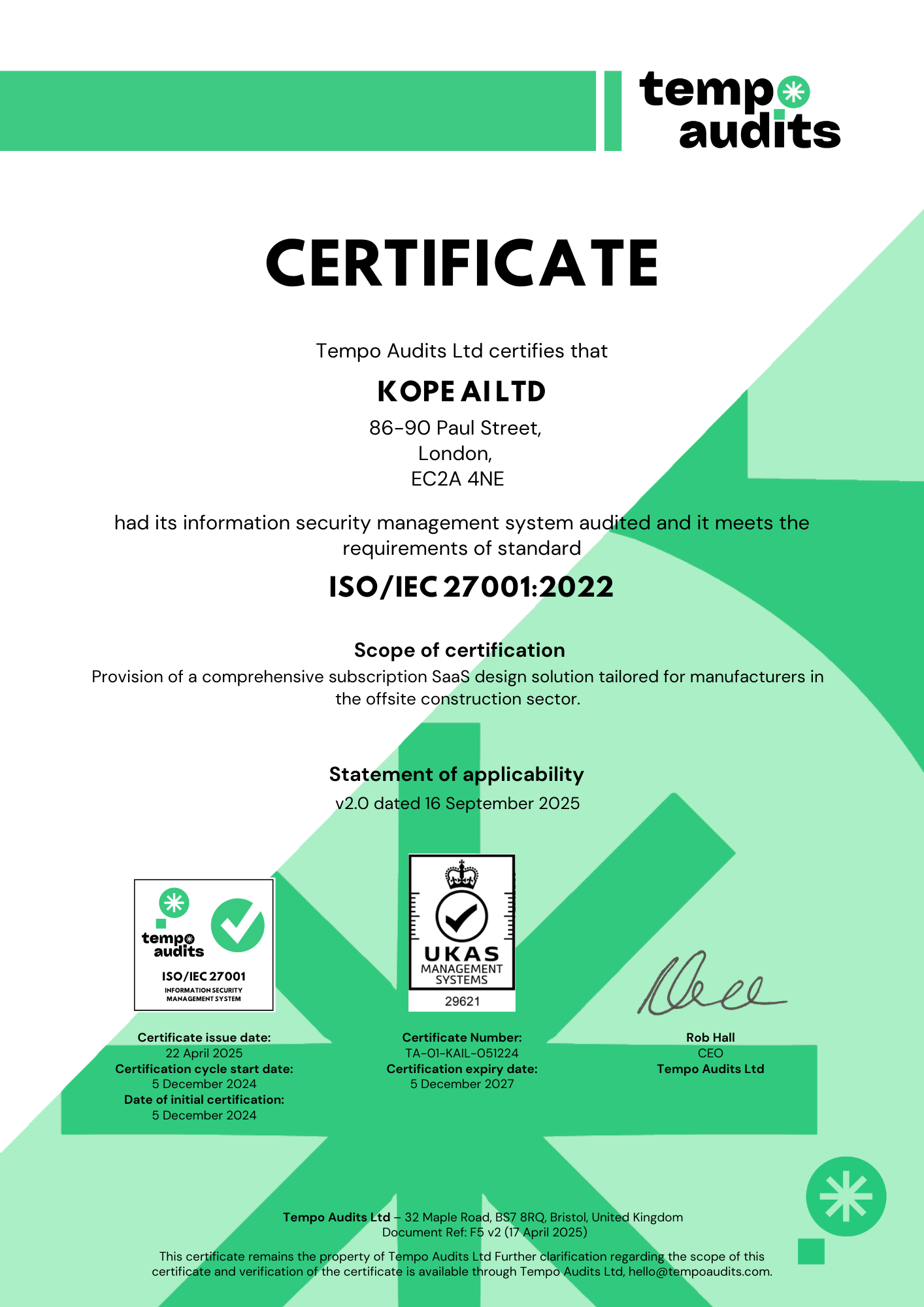 KOPE AI ISO 27001 Certificate — Tempo Audits